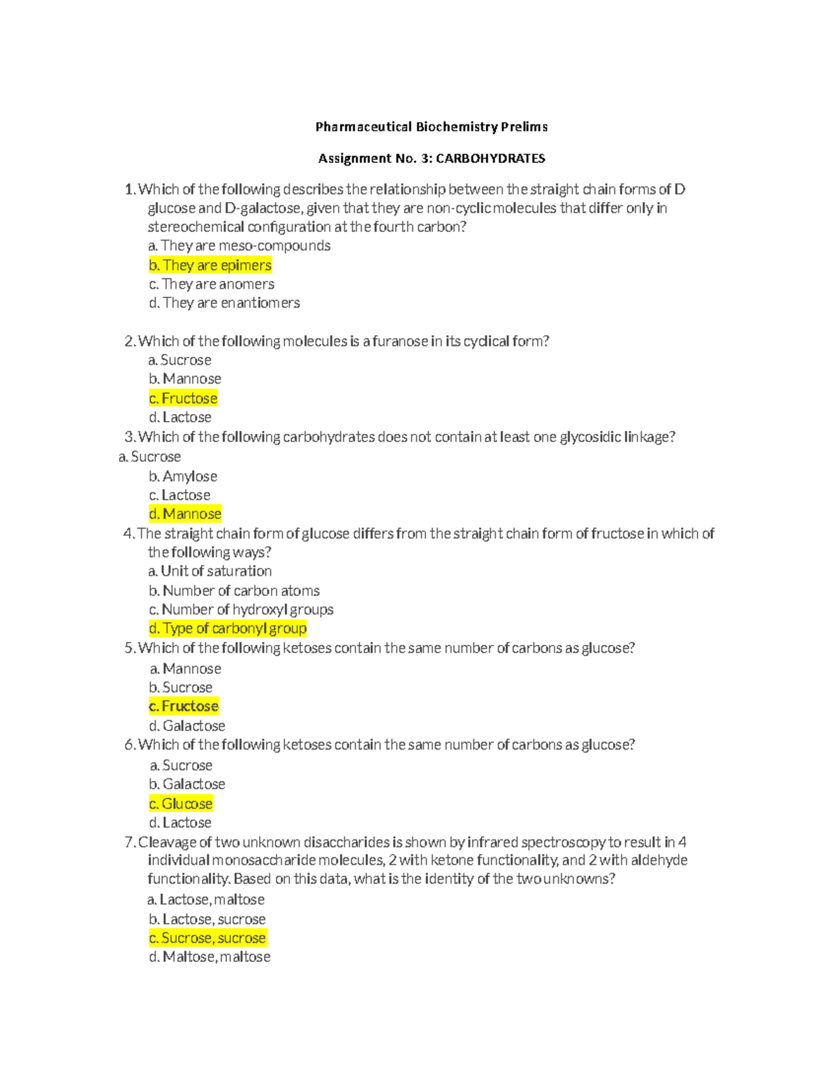 Pharmaceutical Biochemistry Prelims Assignment No. 3 Carbohydrates ...