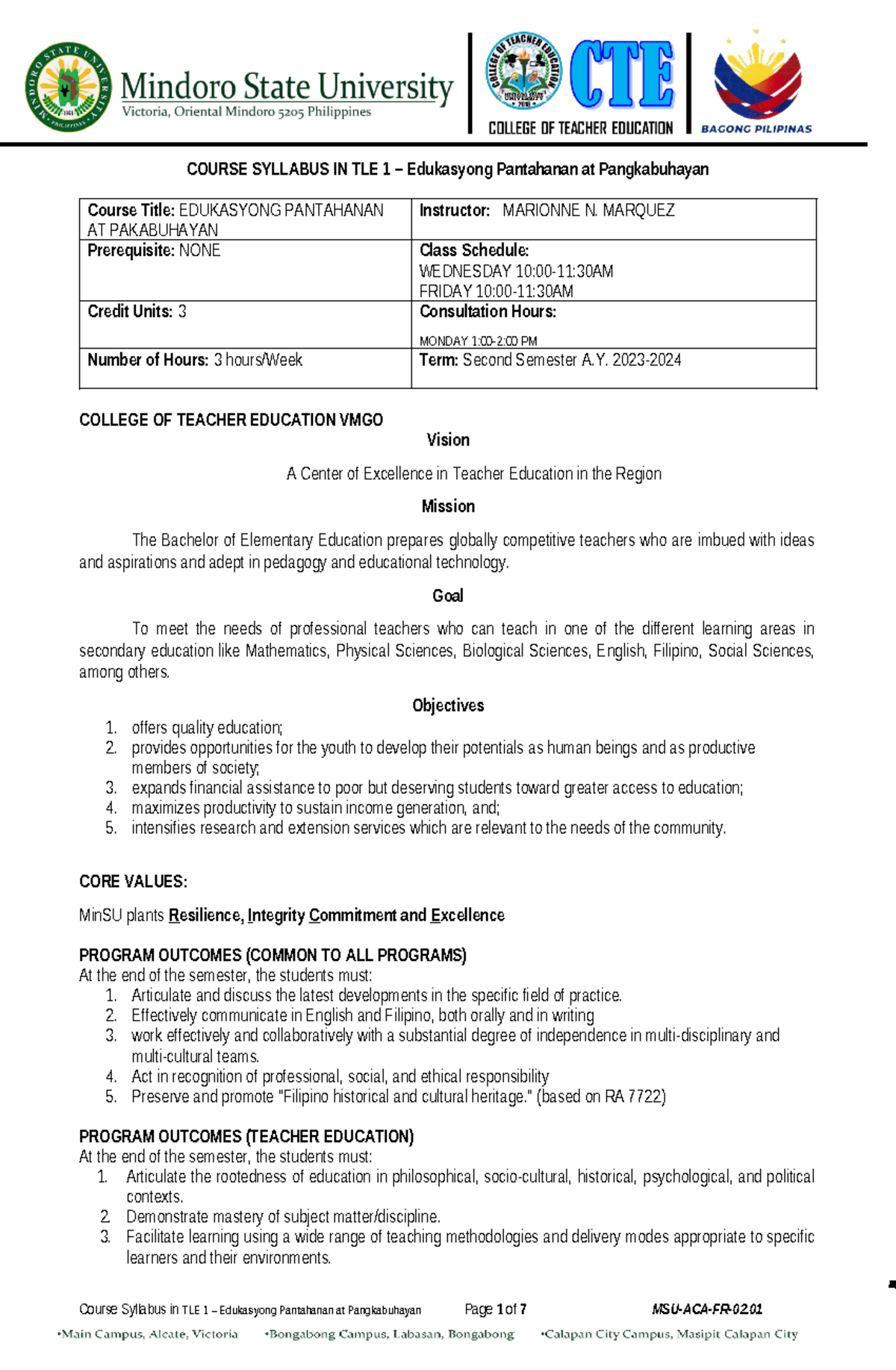 TLE-EPP - COURSE SYLLABUS IN TLE 1 – Edukasyong Pantahanan at ...