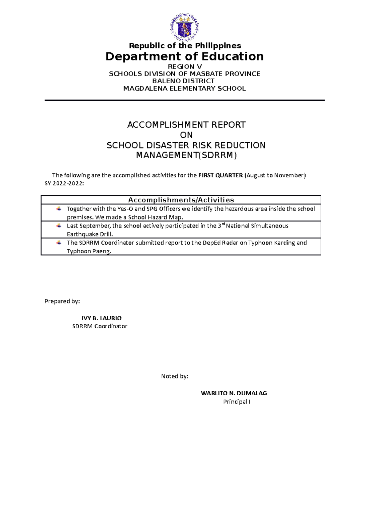 Accomplishment Report 1st quarter - Republic of the Philippines ...