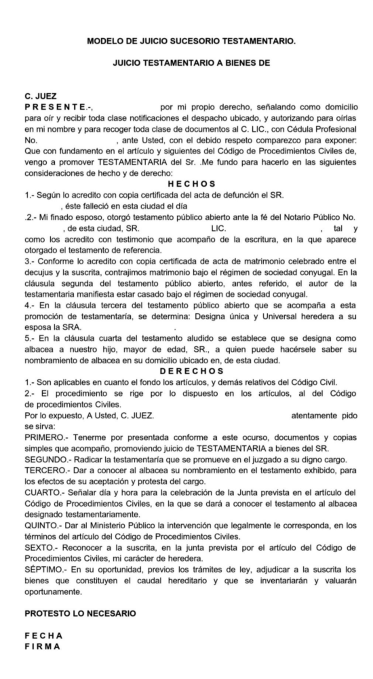 Juicio sucesorio testamental - MODELO DE JUICIO SUCESORIO TESTAMENTARIO ...