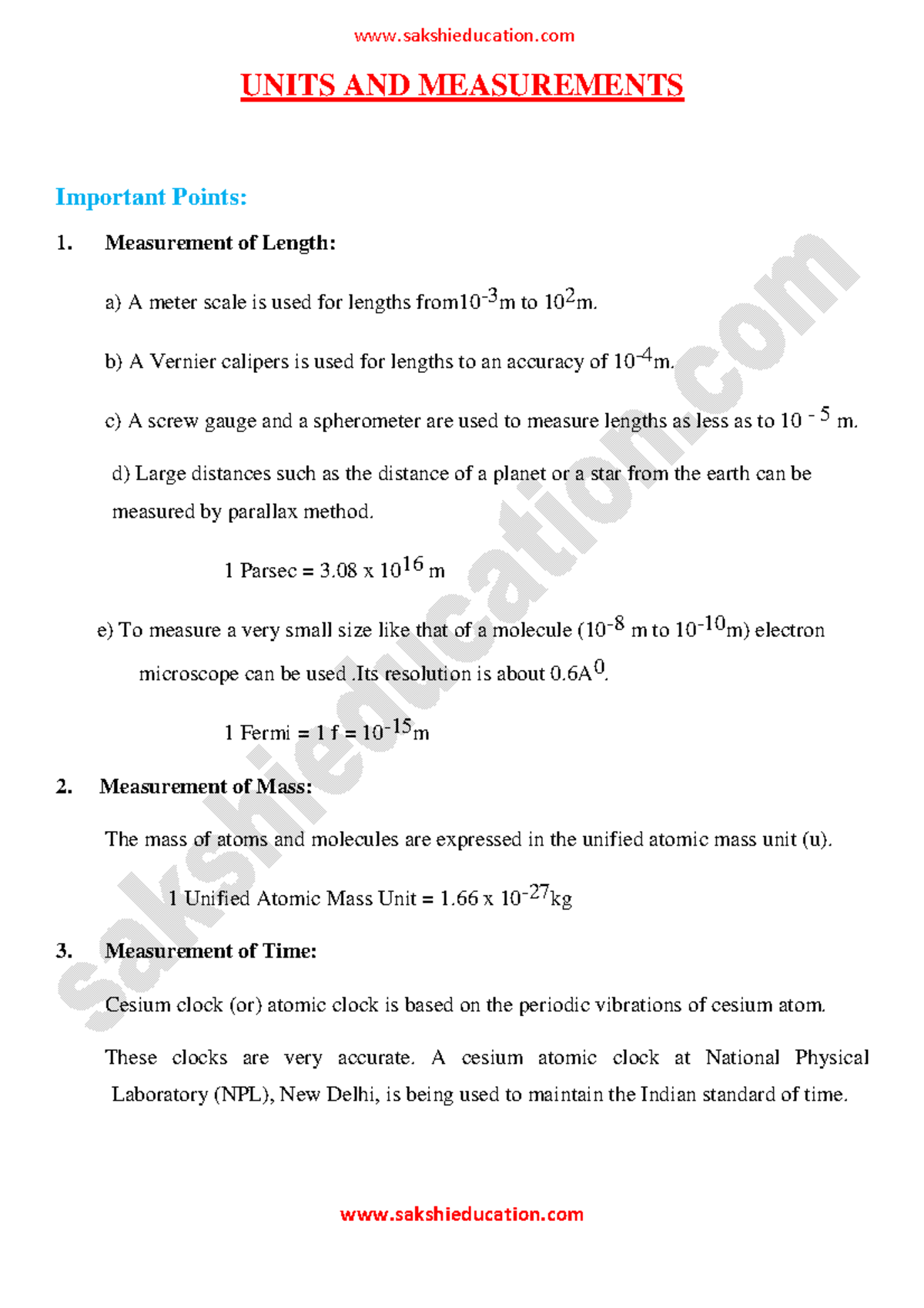 Units Measurements - Notes - UNITS AND MEASUREMENTS Important Points: 1 ...