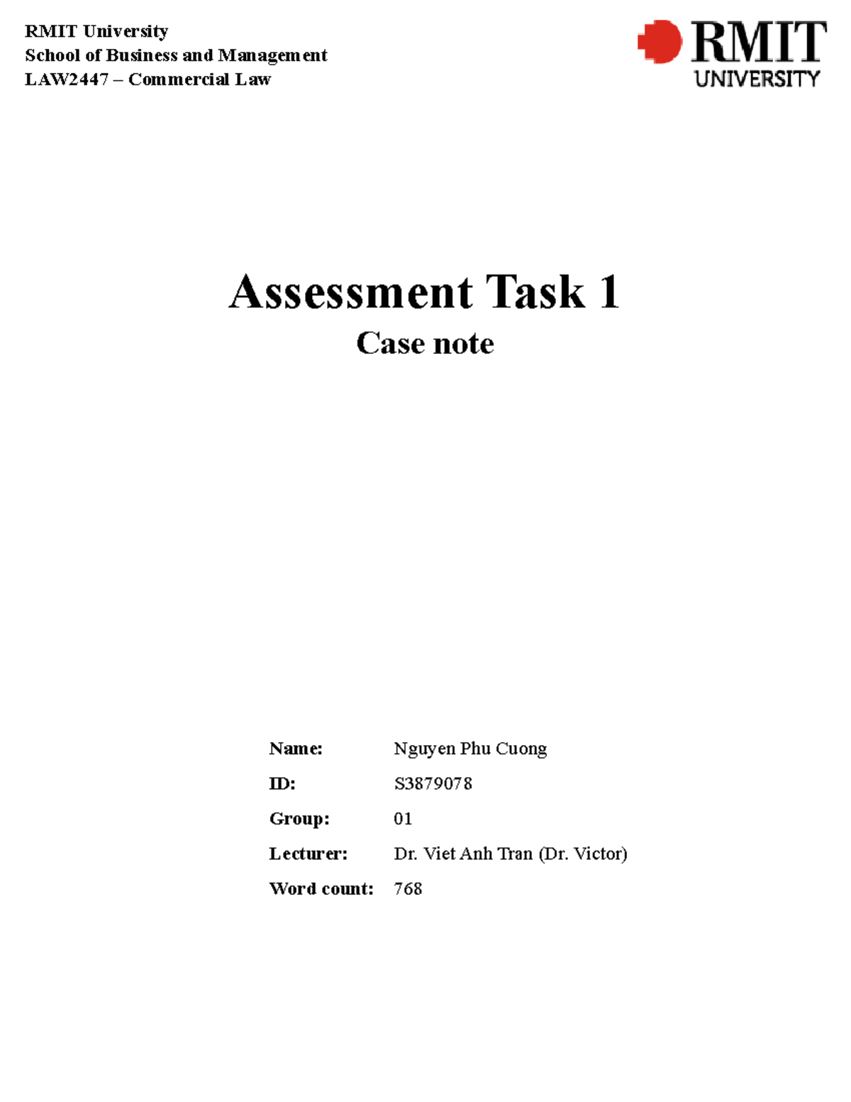Assessment Task 1 LAW2447 2021B - Commercial Laws - RMIT University Vietnam - Studocu