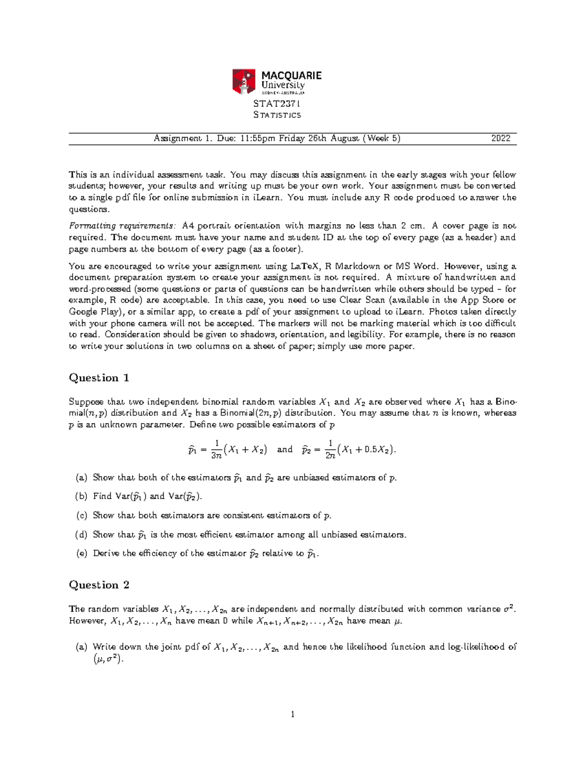 STAT2371-Assignment 1-2022 - STAT Statistics Assignment 1. Due: 11:55pm Friday 26th August (Week ...