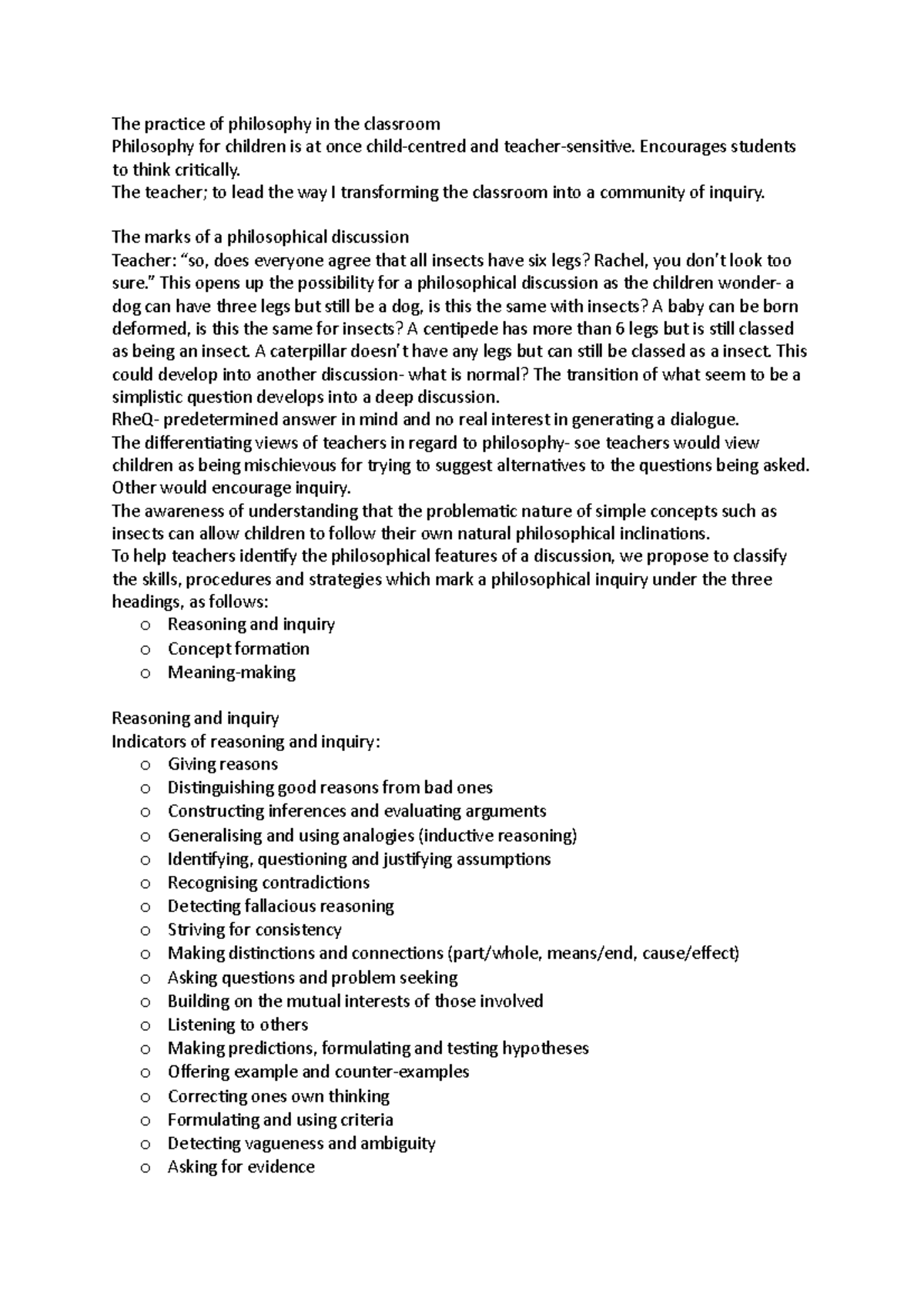 The practice of philosophy in the classroom notes - BathSpa - Studocu