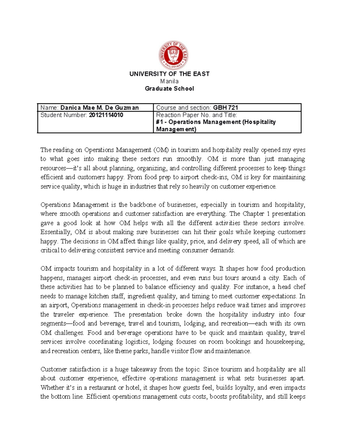 Reflection Paper about Operations Management - UNIVERSITY OF THE EAST ...