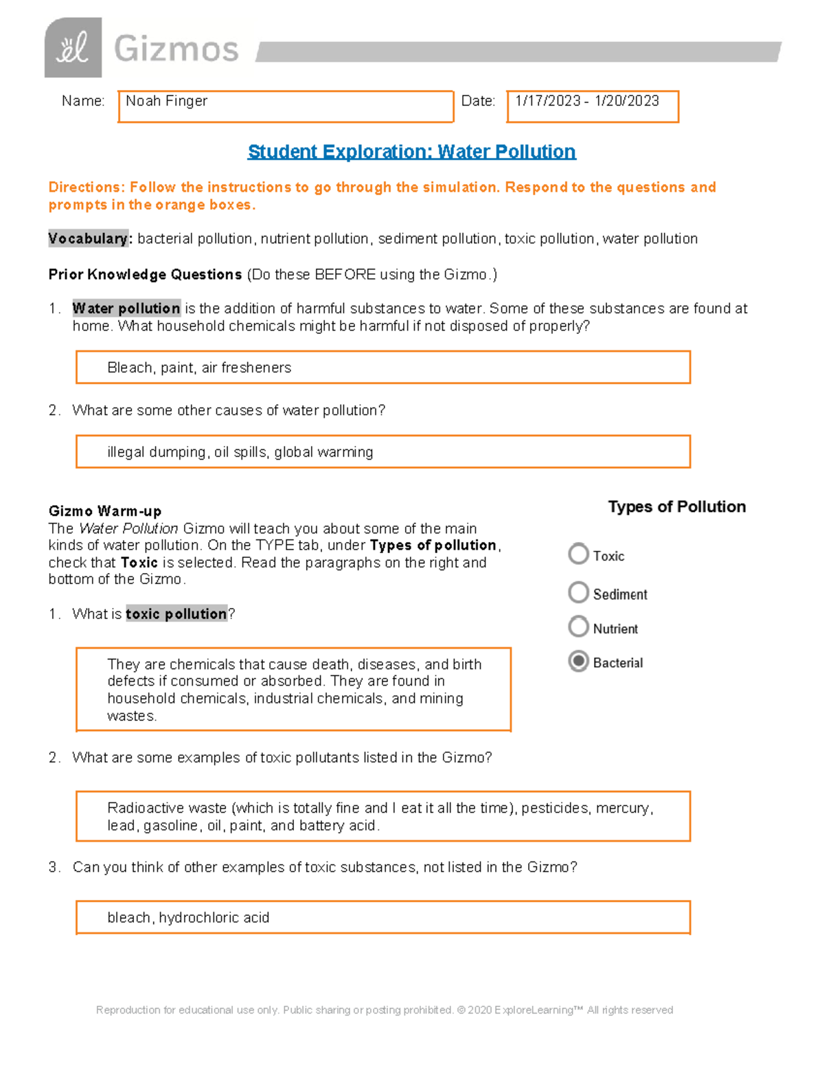 Noah Finger - Water Pollution Gizmo WS - Name: Noah Finger Date: 1/17 ...