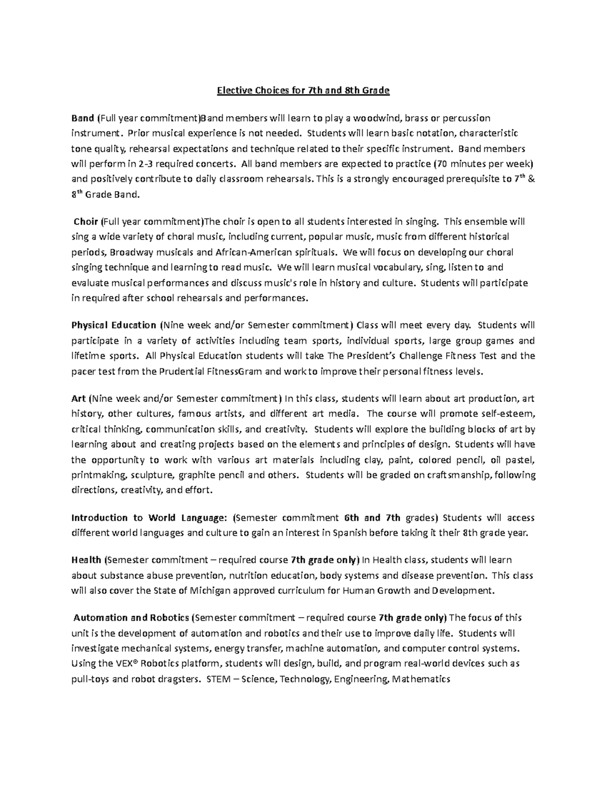Elective Descriptions - Elective Choices for 7th and 8th Grade Band ...