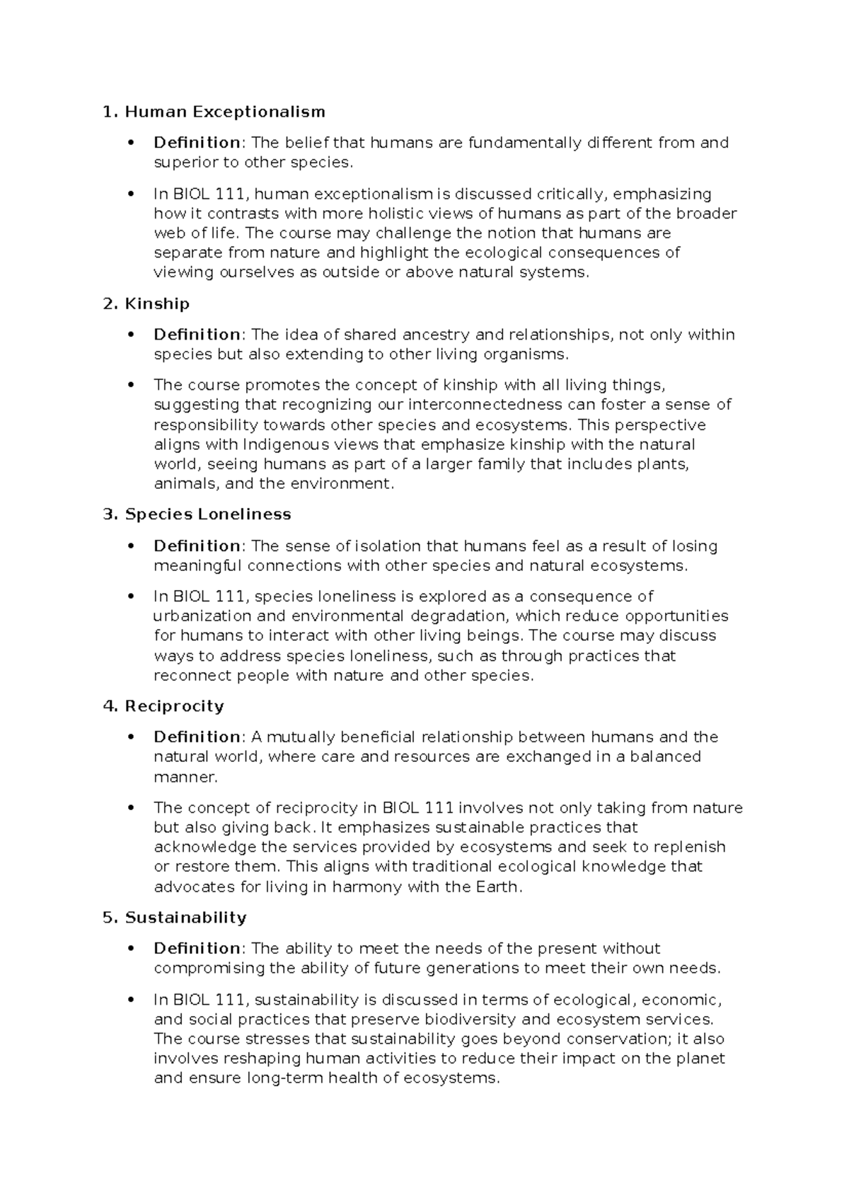 Substainable notes - 1. Human Exceptionalism Definition: The belief ...