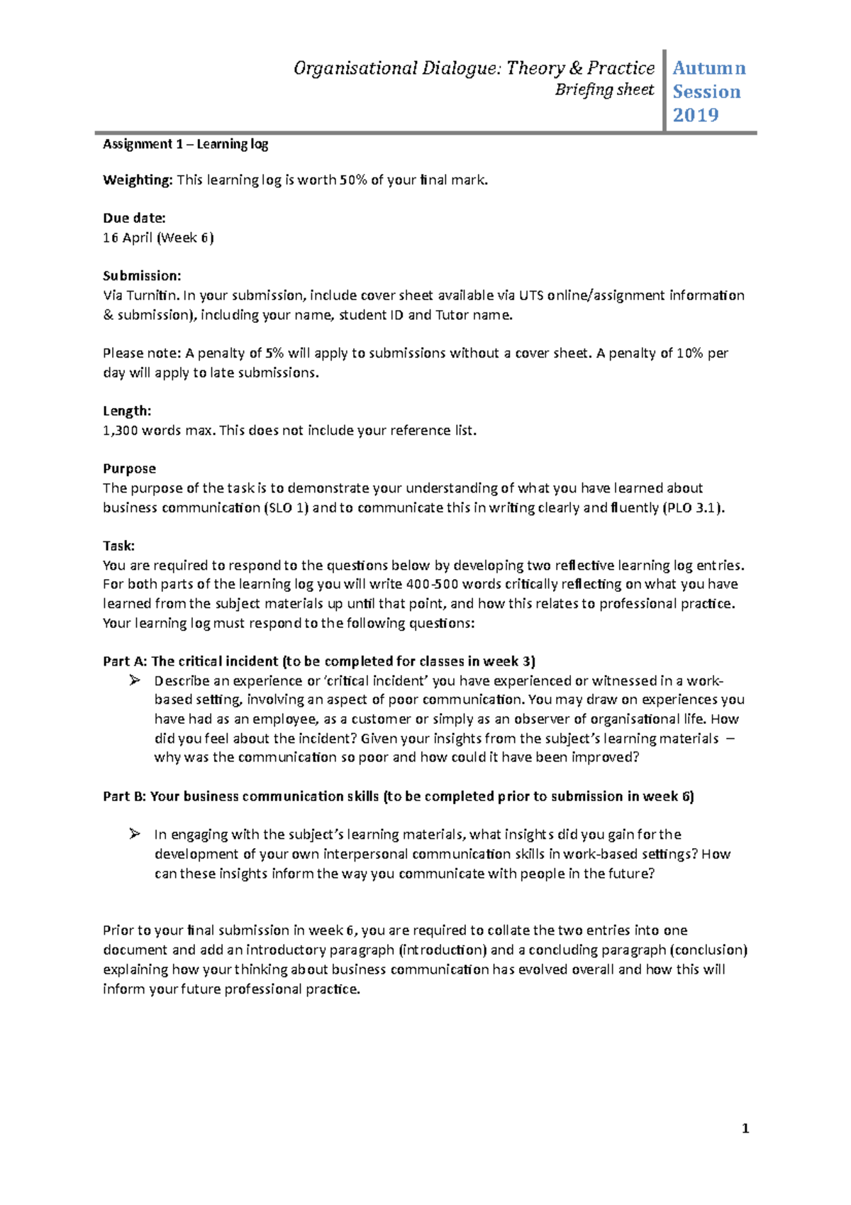 OD Assignment 1 Learning Log (Aut 2019 ) Final - Organisational ...