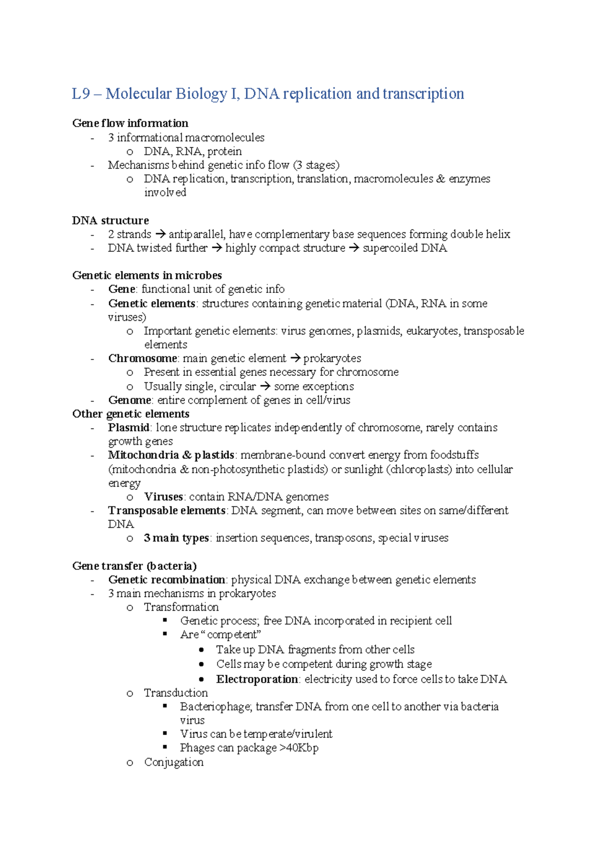 BMOL Notes L9-16 - lectures 9-16 2020 - L9 – Molecular Biology I, DNA ...