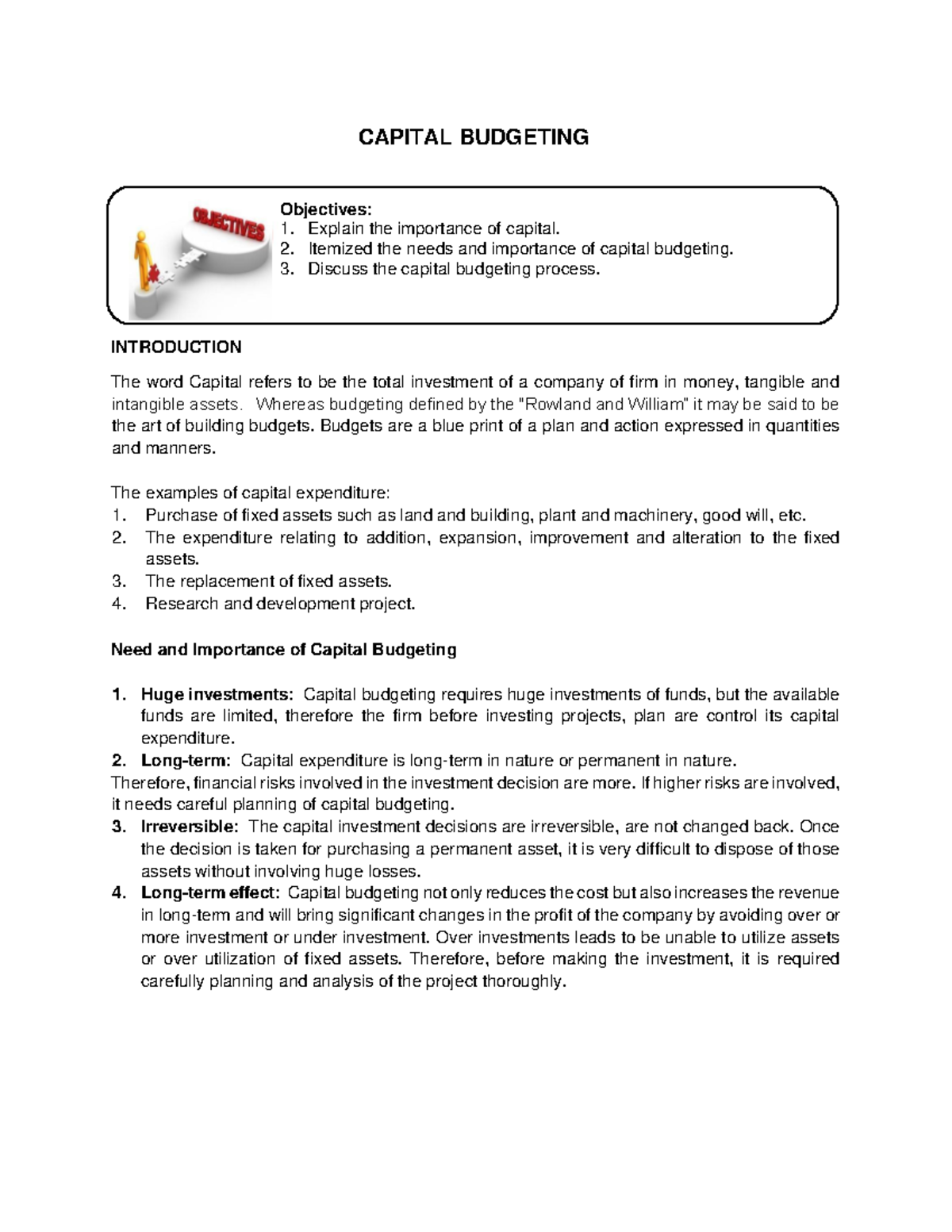 Capital- Budgeting - Finance Management - CAPITAL BUDGETING INTRODUCTION The word Capital refers ...