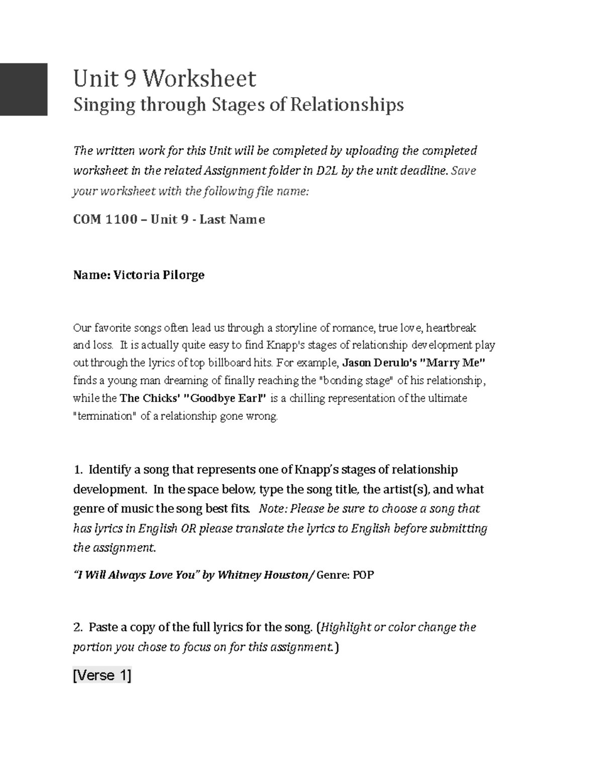 COM 1100 - Unit 9 Worksheet - Unit 9 Worksheet Singing through Stages ...
