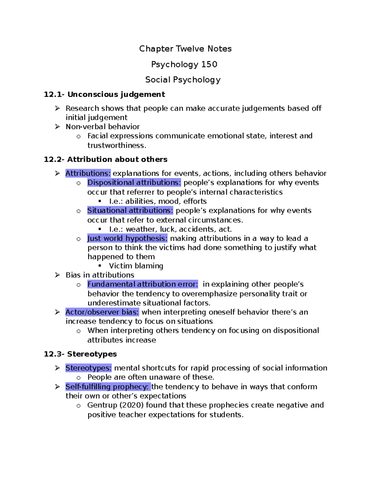 Chapter Twelve Notes - Chapter Twelve Notes Psychology 150 Social ...