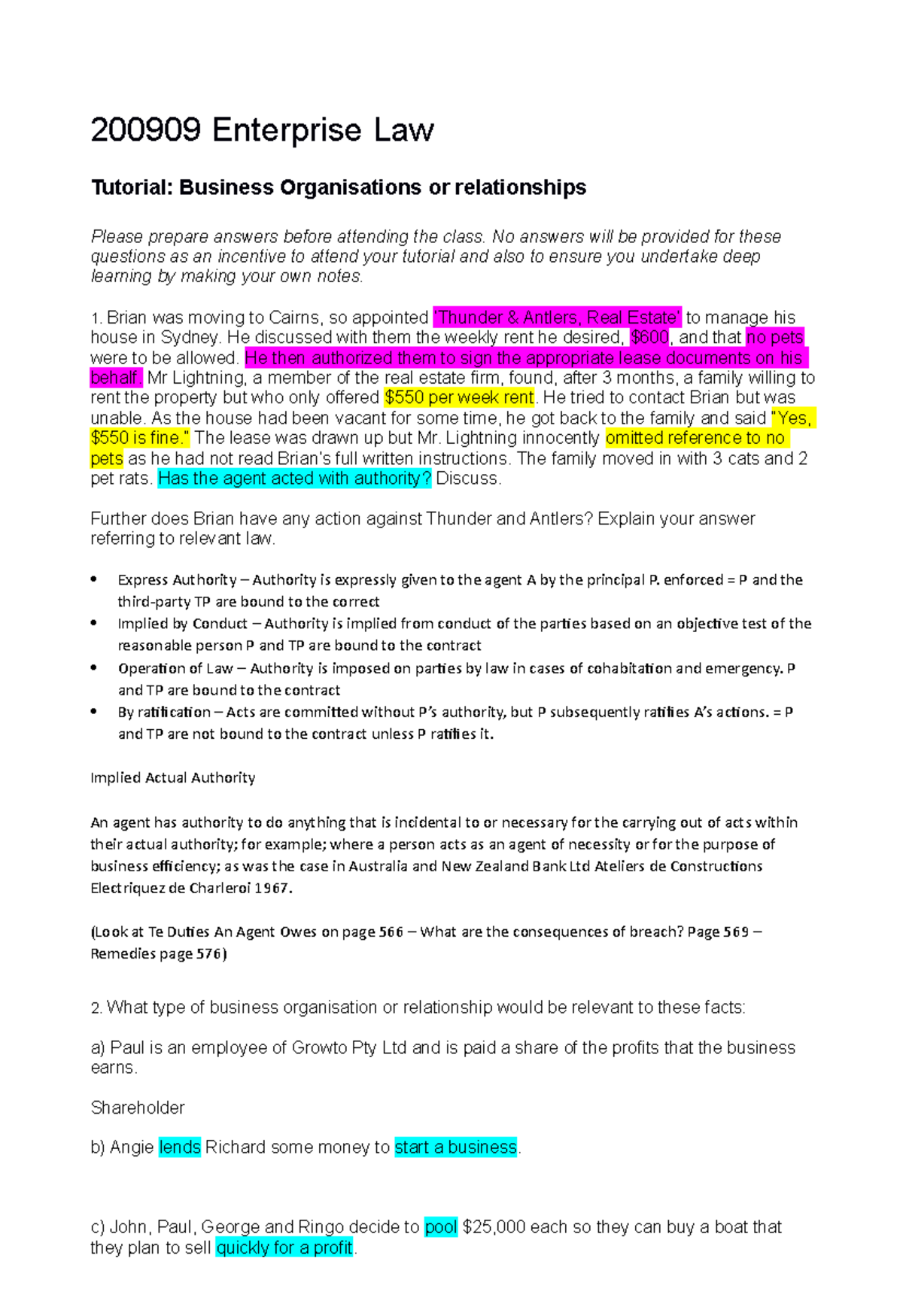 Tutorial - Business relationships - 200909 Enterprise Law Tutorial ...