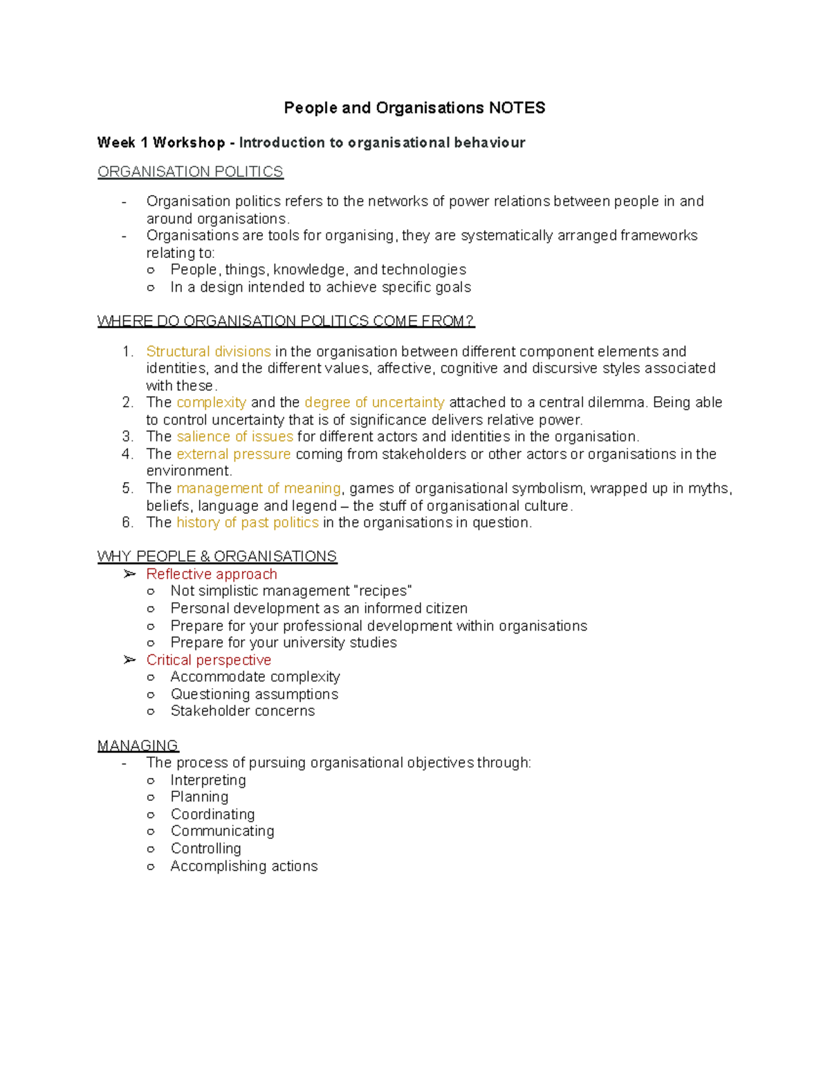 People and Organisations Notes - People and Organisations NOTES Week 1 ...