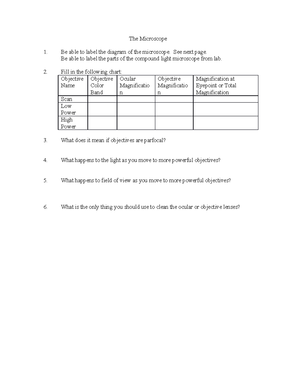 BIOL 1406 Microscope Lab (1) - The Microscope Be able to label the ...