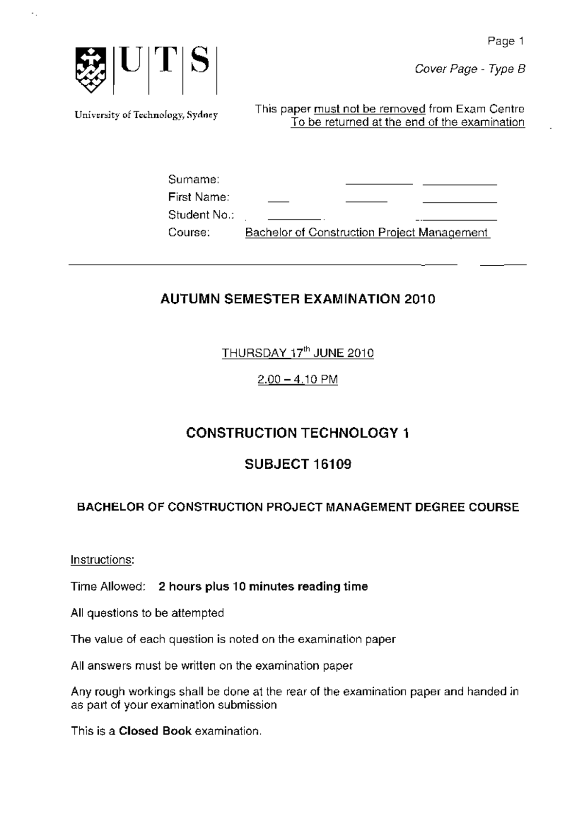 Exam 2011, questions - Page 1 ~UTS Cover Page - Type B This paper must ...