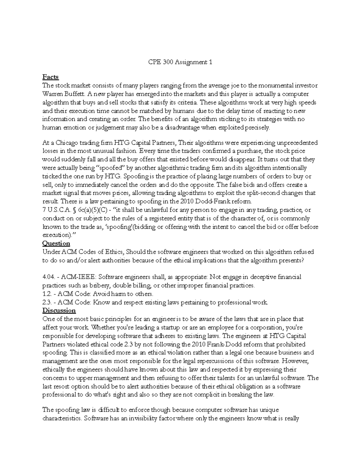 CPE 300 Assignment 1 - Article on stock investing algorithm. Read ...