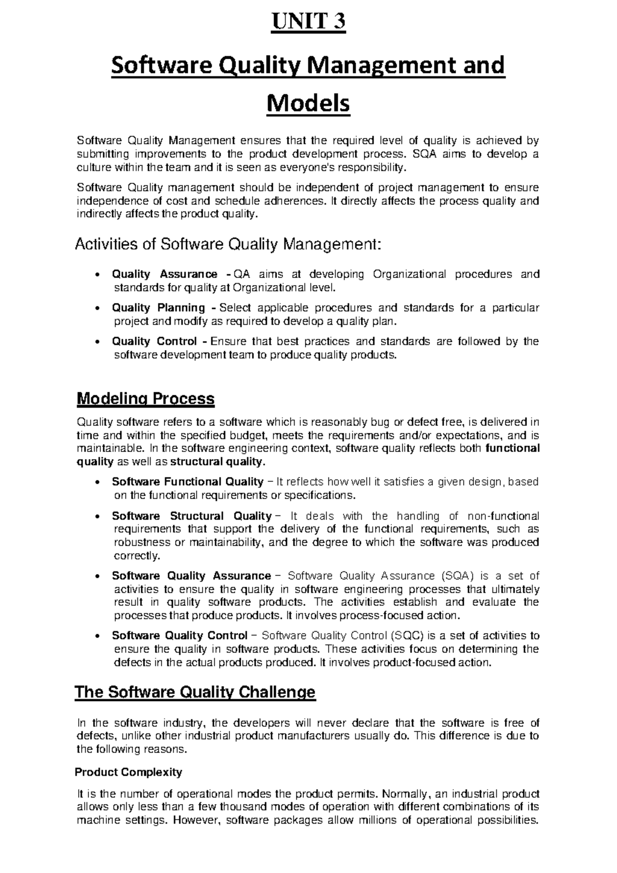 SQE MCA Notes Unit 3 - UNIT 3 Software Quality Management and Models ...