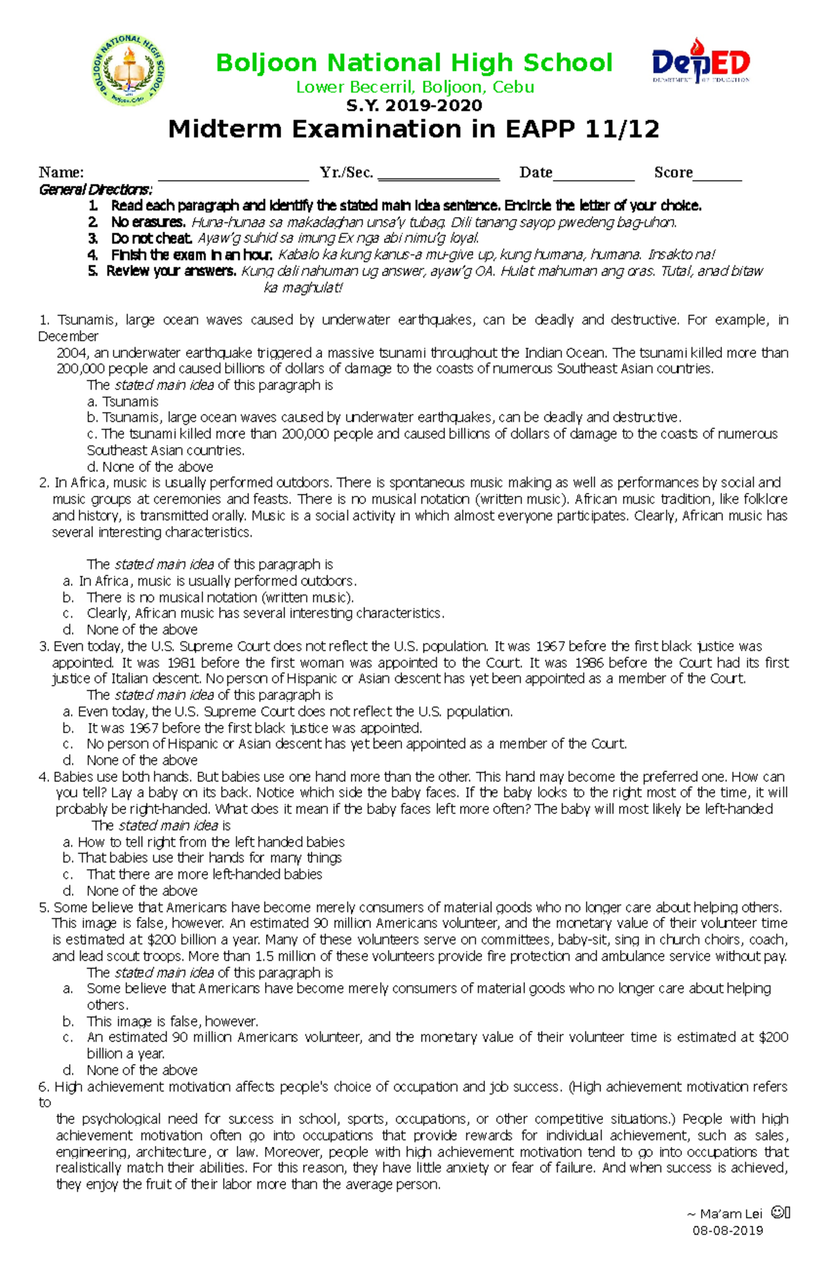 Midterm EXAM ON EAPP - Boljoon National High School Lower Becerril ...