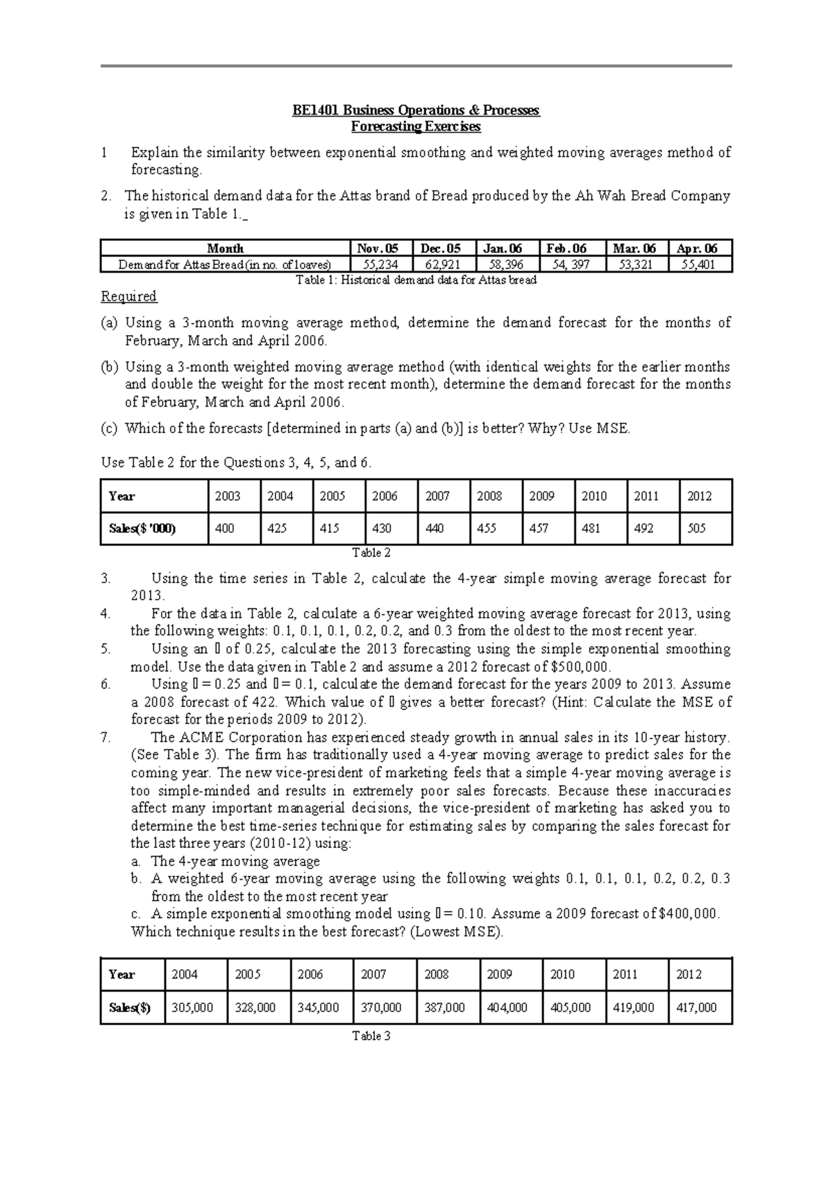 Exercises forecasting - BE1401 Business Operations & Processes Forecasting Exercises 1 Explain ...