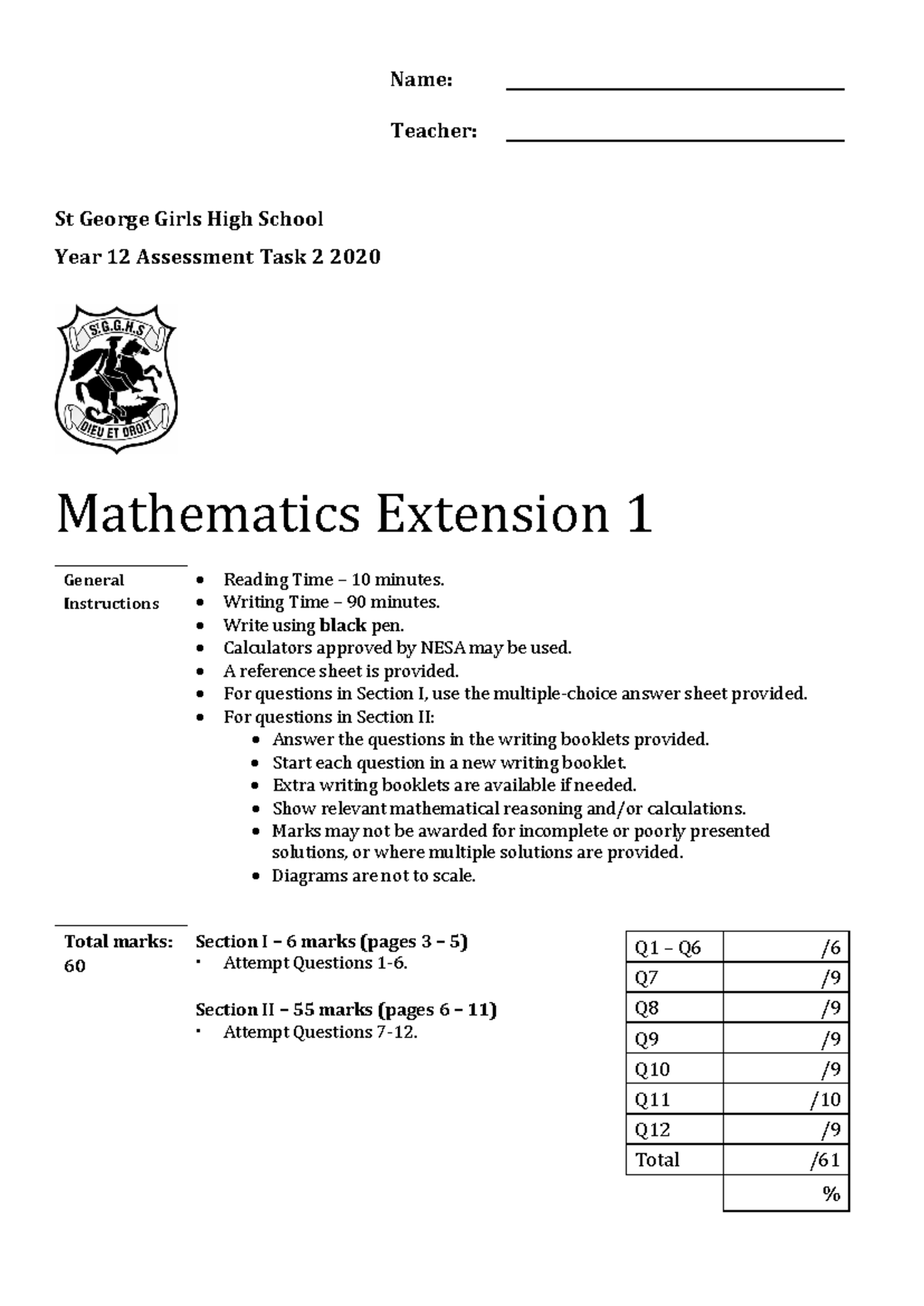 Yr 12 EXT 1 Task 2 Paper 2020 - Name ...