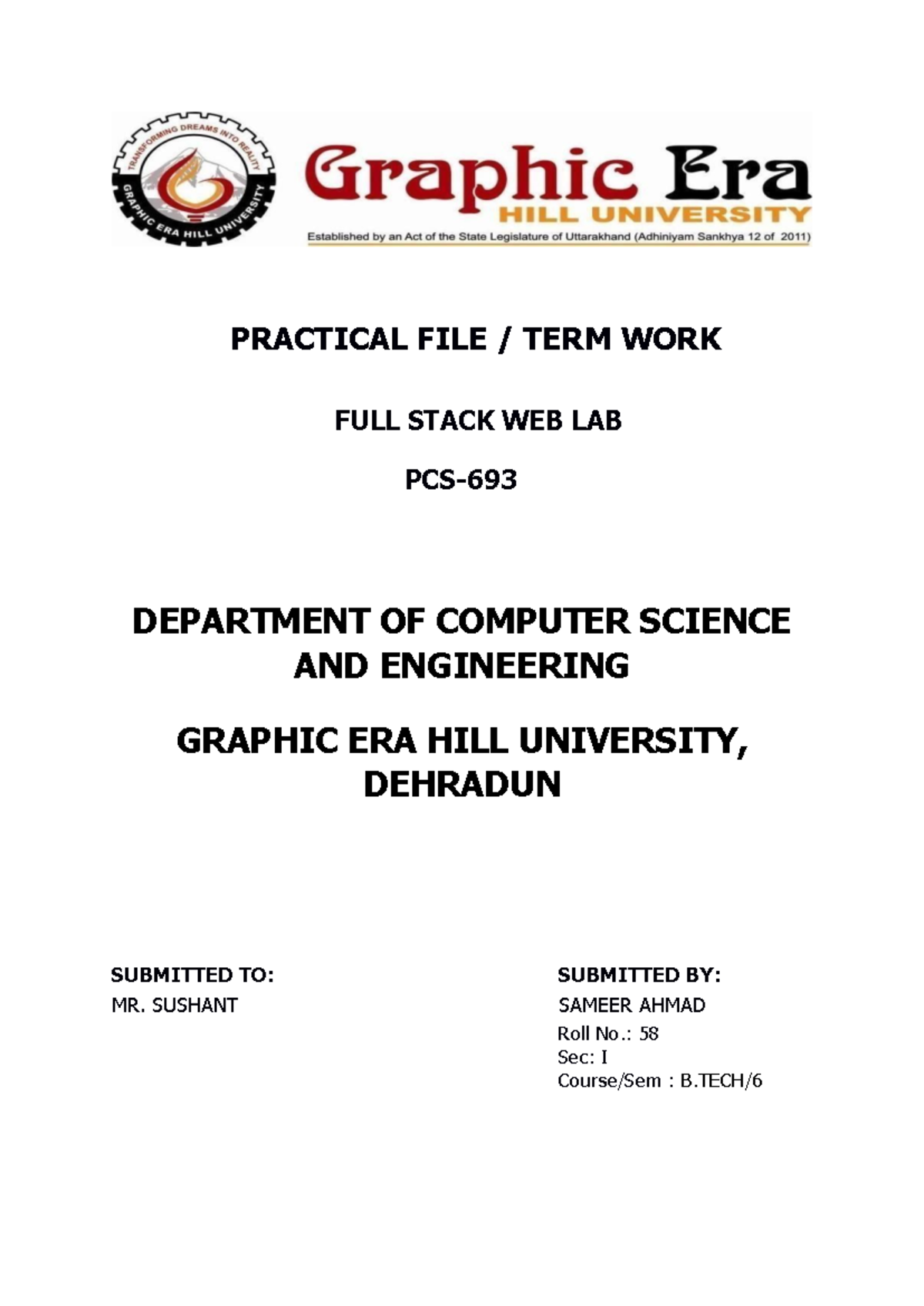 Fullstack Web Dev Btech Cse Practical File Term Work Full Stack