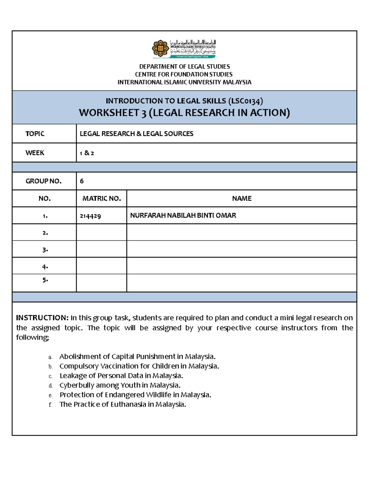 Worksheet 3 ( Legal Research IN Action) - DEPARTMENT OF LEGAL STUDIES ...