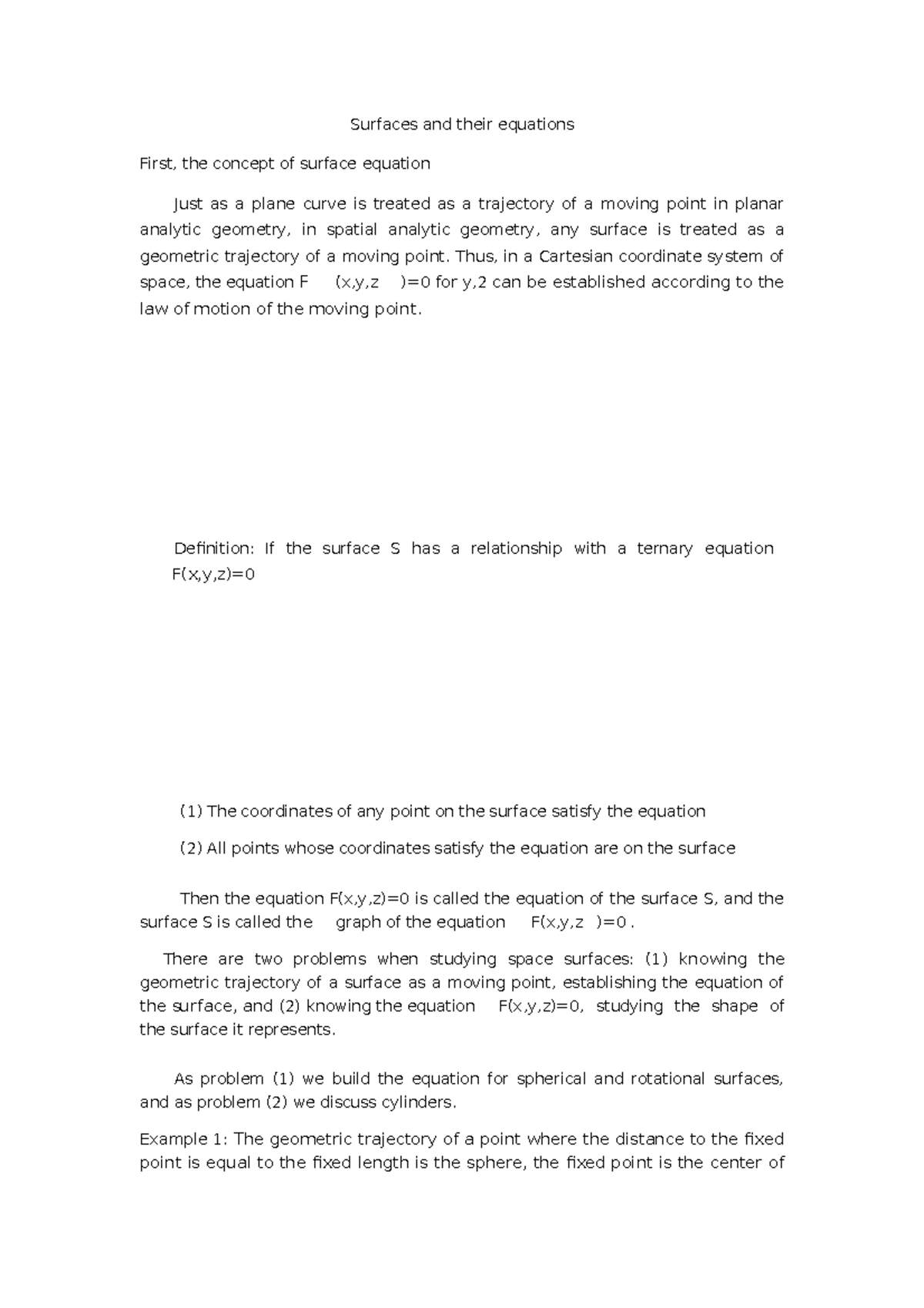 Surfaces and their equations - Surfaces and their equations First, the ...