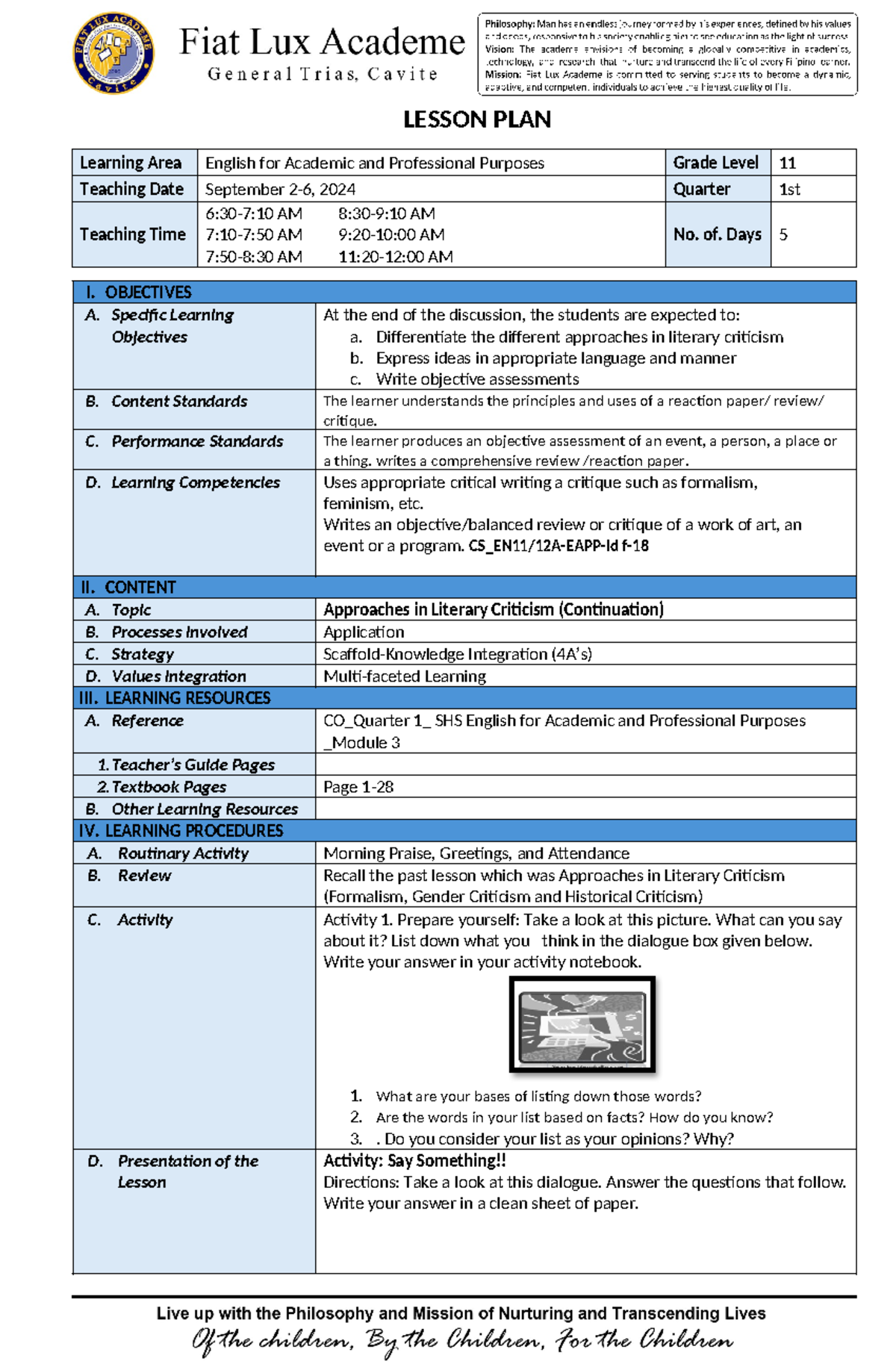 EAPP LPWK 4 - LP in EAPP - LESSON PLAN Learning Area English for ...