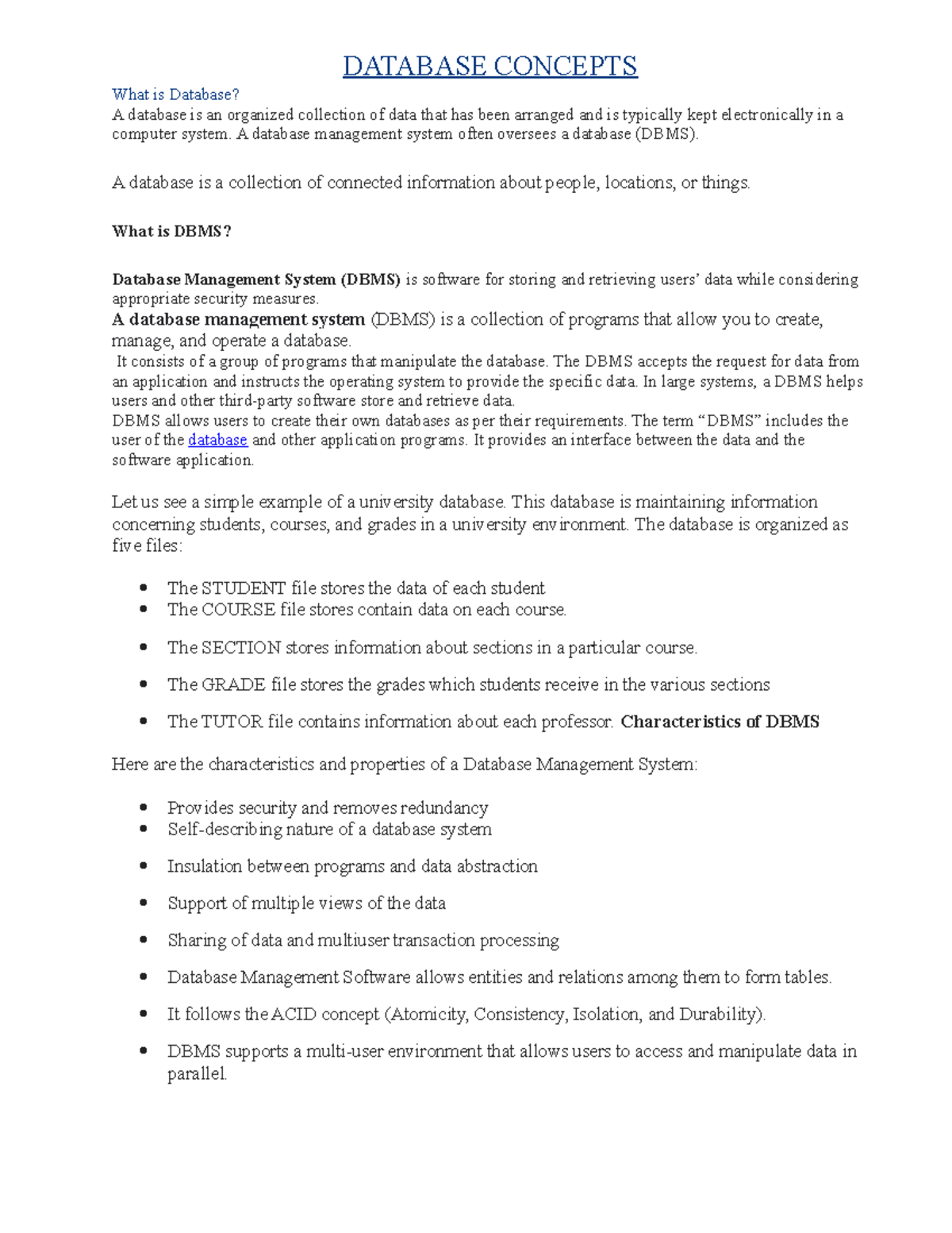 Database Concepts - notes - DATABASE CONCEPTS What is Database? A ...