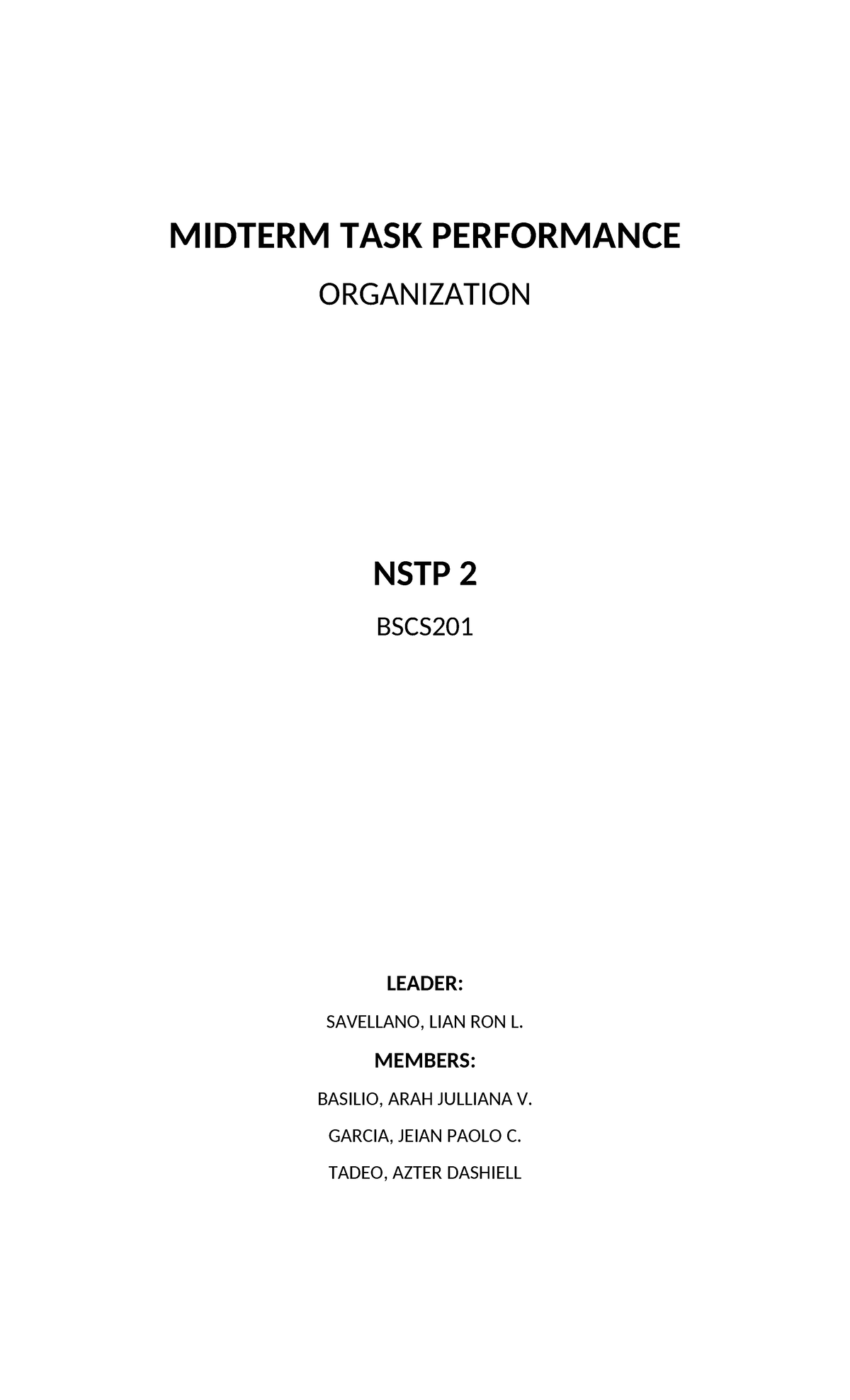 NSTP- Hardcopyhshsh - MIDTERM TASK PERFORMANCE ORGANIZATION NSTP 2 BSCS LEADER: SAVELLANO, LIAN ...