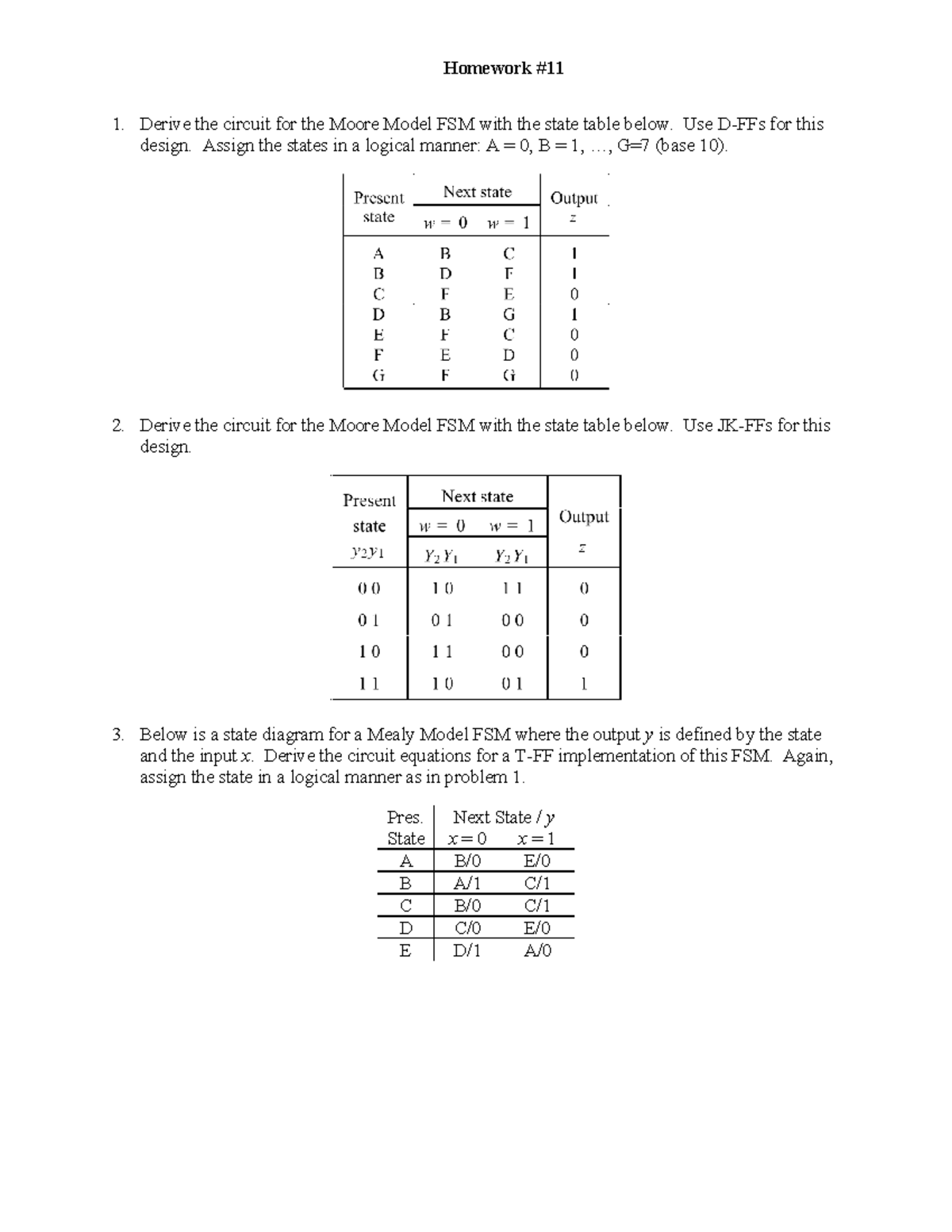 HW-11 - hw 11 - Homework # Derive the circuit for the Moore Model FSM with the state table below ...