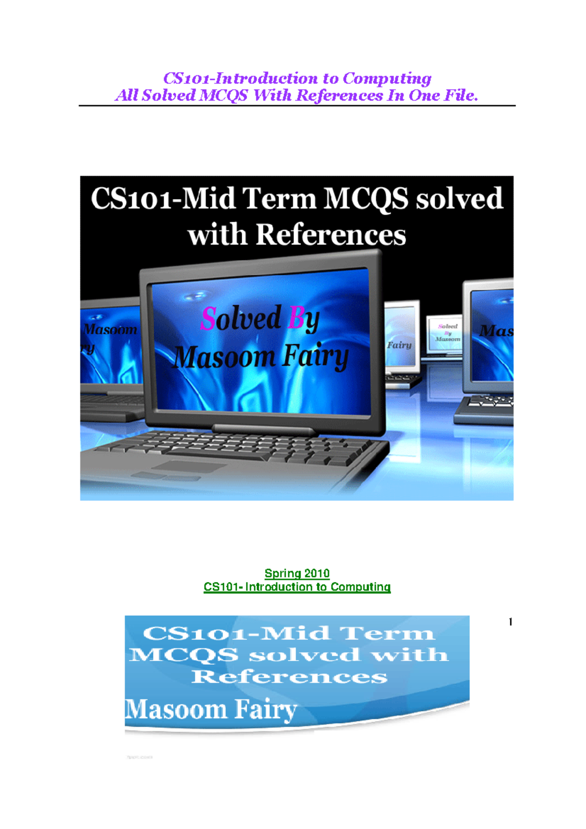 Mcqs cs101 - mmcq - All Solved MCQS With References In One File. Spring 2010 CS101- Introduction ...