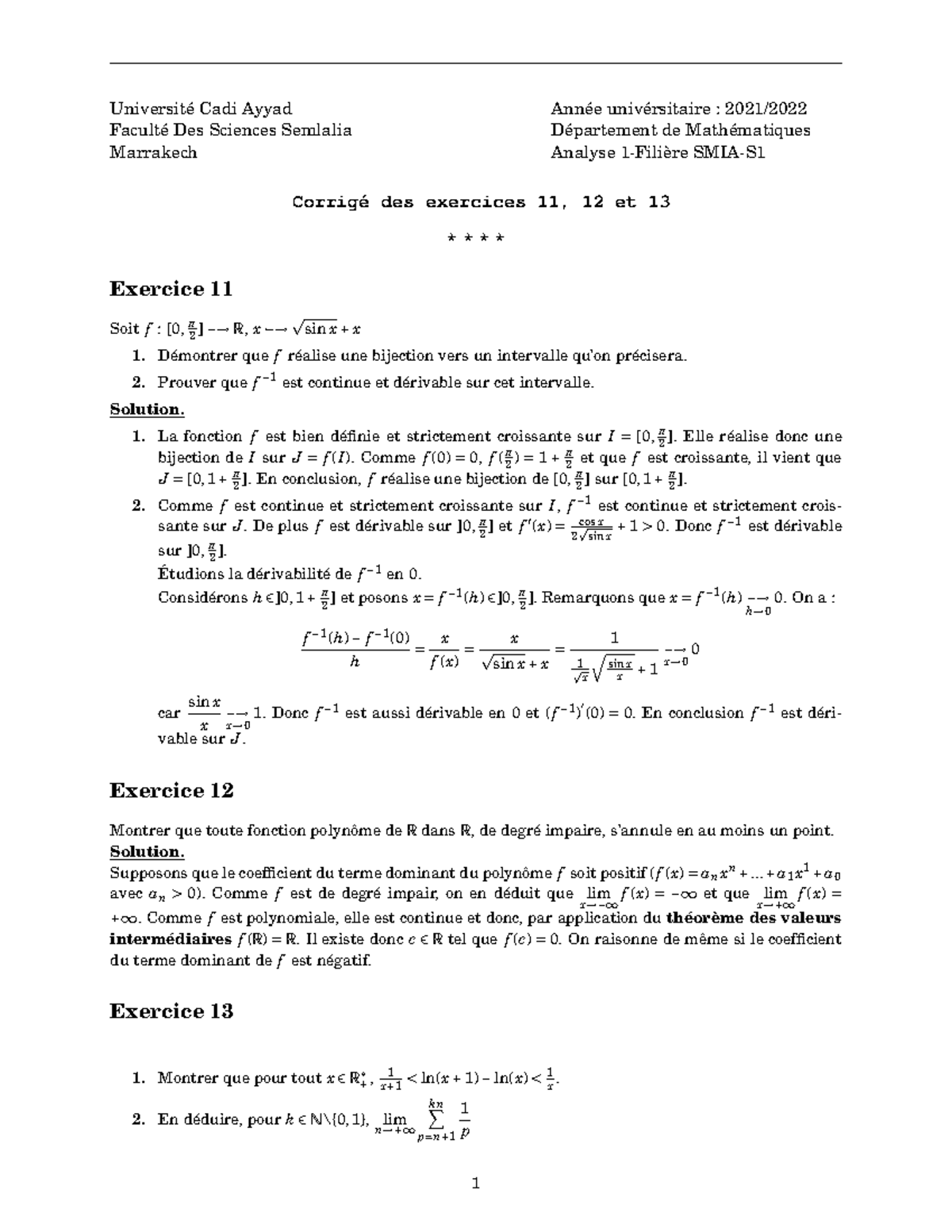 Corrigé des exercices 11, 12 et 13, Série 3 - Université Cadi Ayyad ...