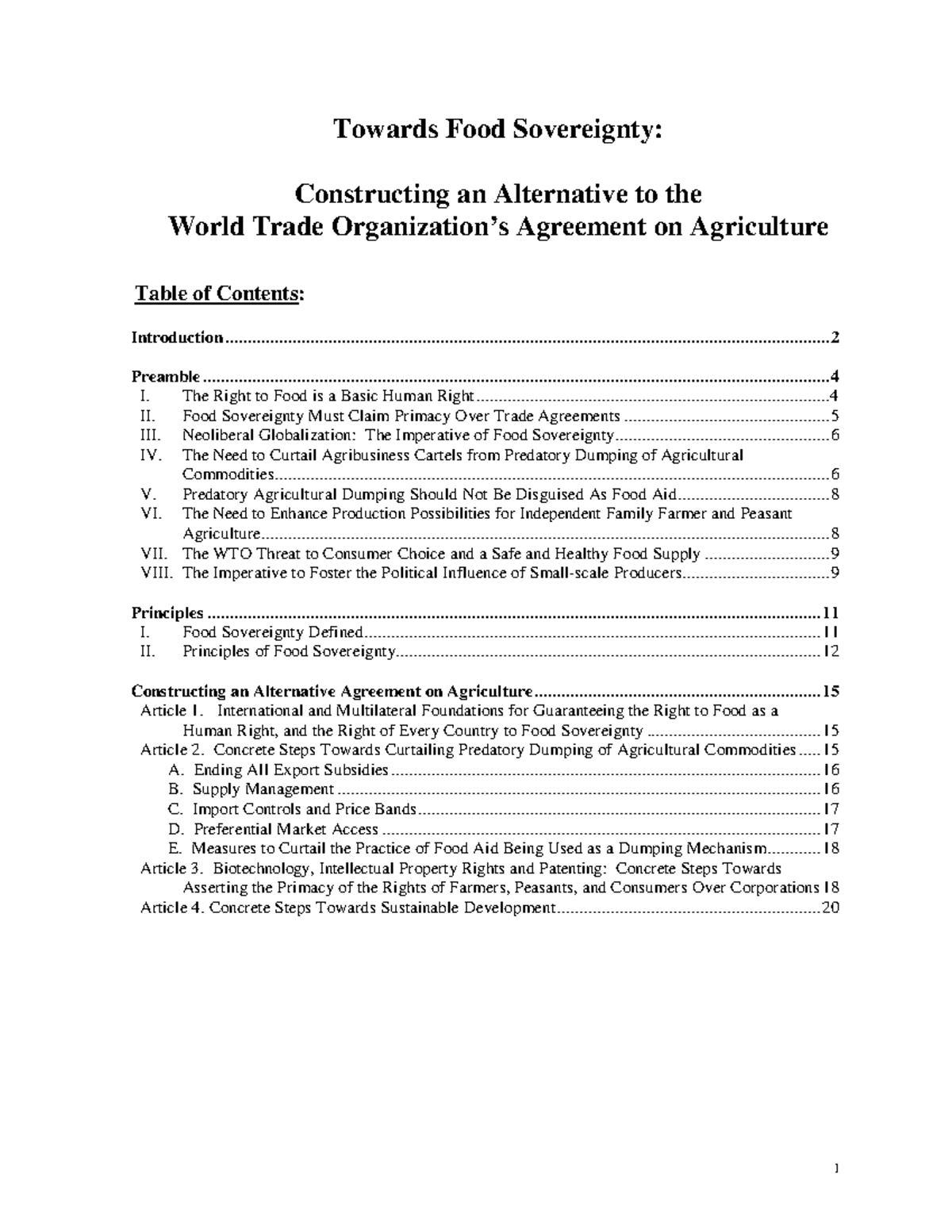 Towards Food Sovereignty Constructing an Alternative to the World Trade ...