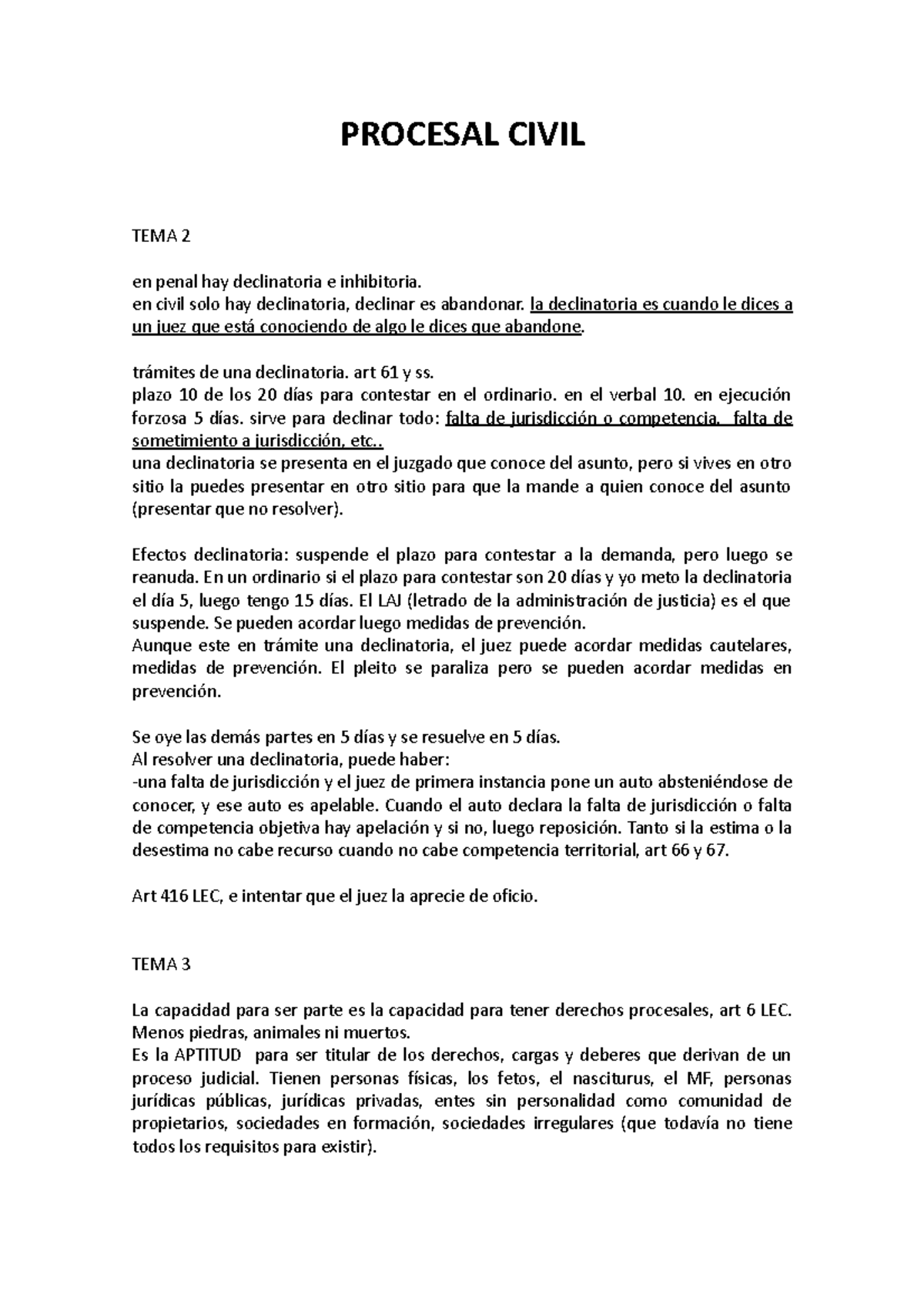 Procesal Civil - PROCESAL CIVIL TEMA 2 en penal hay declinatoria e ...