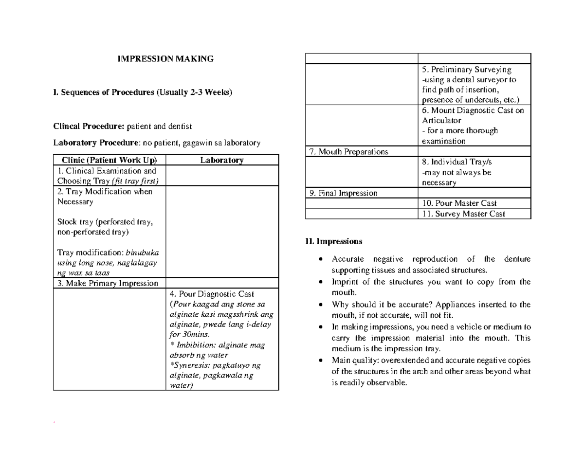 Impression Making - . IMPRESSION MAKING I. Sequences of Procedures ...