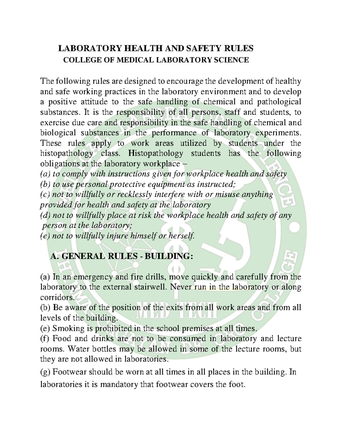 Histopath- Laboratory - LABORATORY HEALTH AND SAFETY RULES COLLEGE OF ...