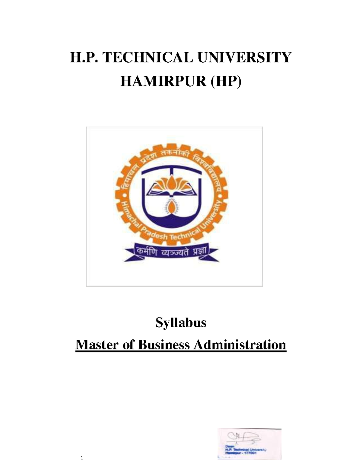 MBA -Complete syllabus 2020-2021 - H. TECHNICAL UNIVERSITY HAMIRPUR (HP) Syllabus Master of ...