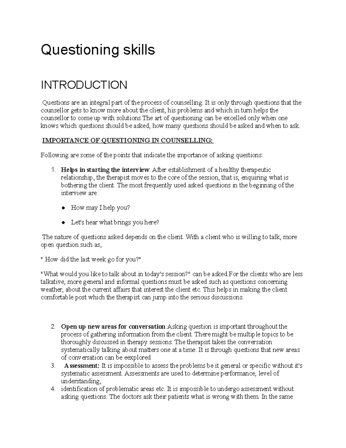 3-Questioning Skills Notes-1 - Questioning skills INTRODUCTION ...