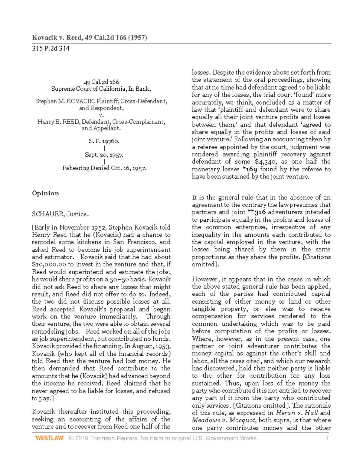 Kovacik v. Reed - Mock trial help - Kovacik v. Reed, 49 Cal 166 (1957 ...