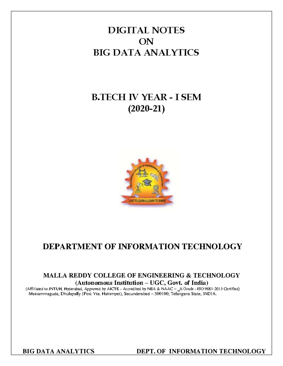 (R17A0528) BIG DATA Analytics - BIG DATA ANALYTICS DEPT. OF INFORMATION ...