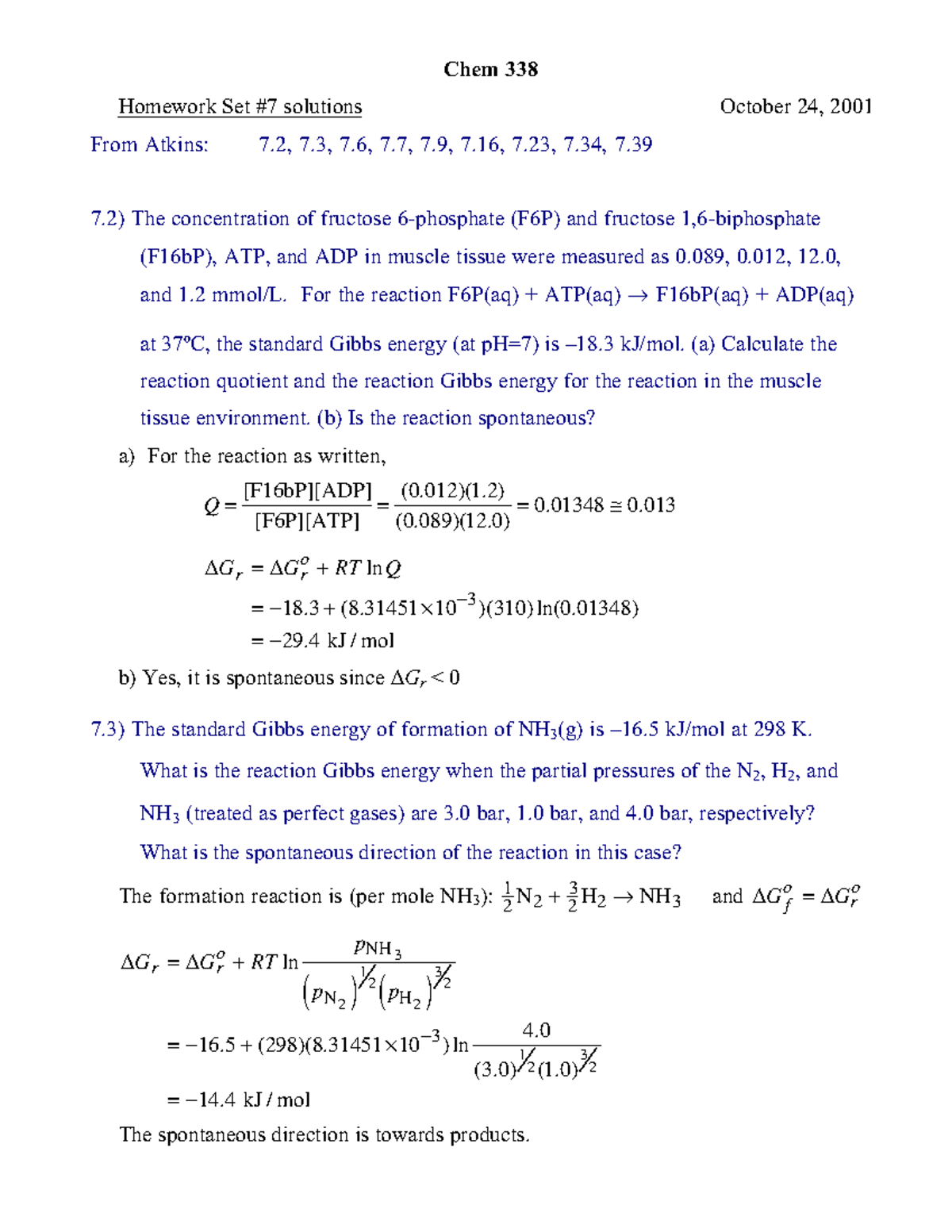 HW7 - Homework Set #7 solutions - Chem 338 Homework Set #7 solutions ...