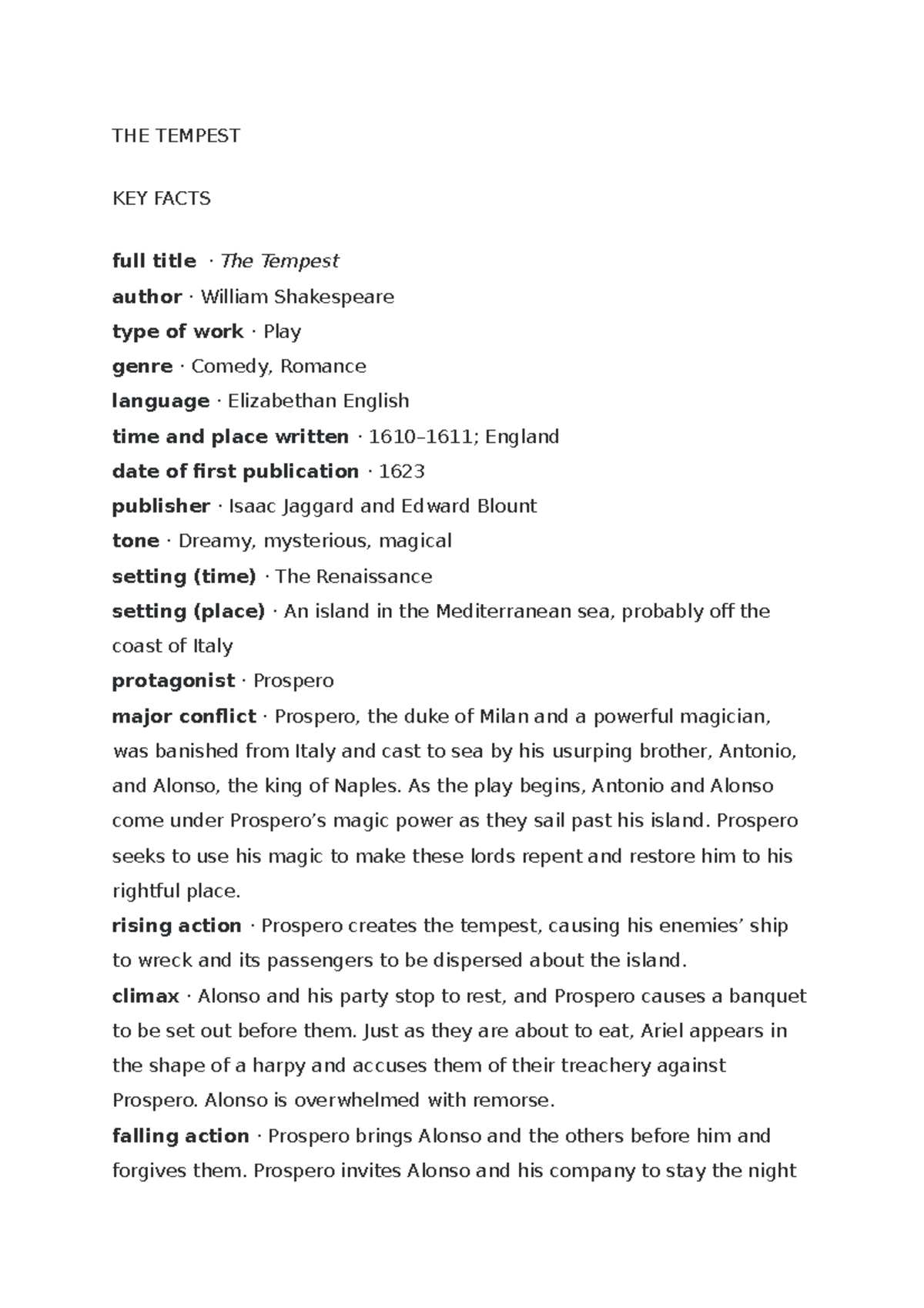 THE Tempest - THE TEMPEST KEY FACTS full title · The Tempest author ...