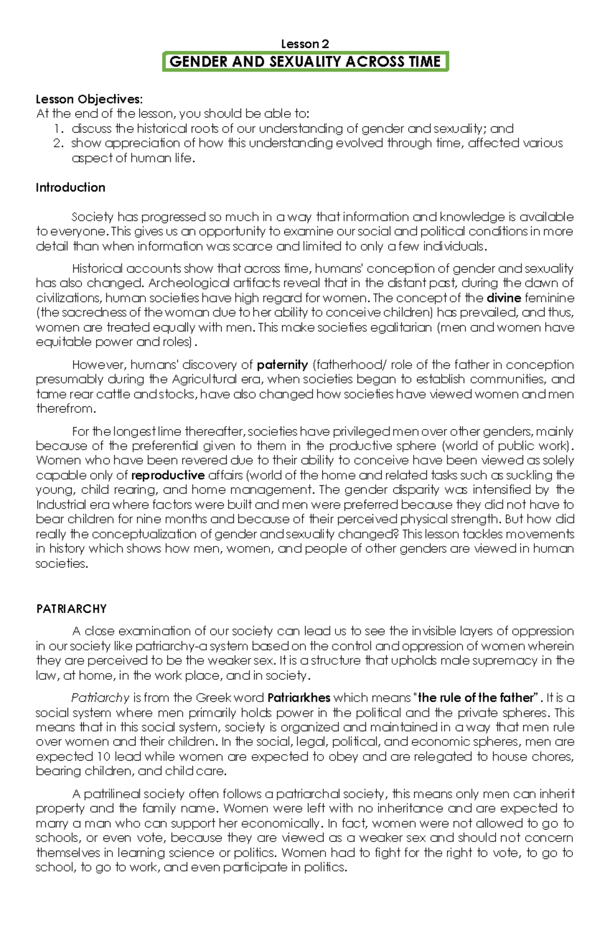 Lesson 2 - gender - Lesson 2 GENDER AND SEXUALITY ACROSS TIME Lesson ...