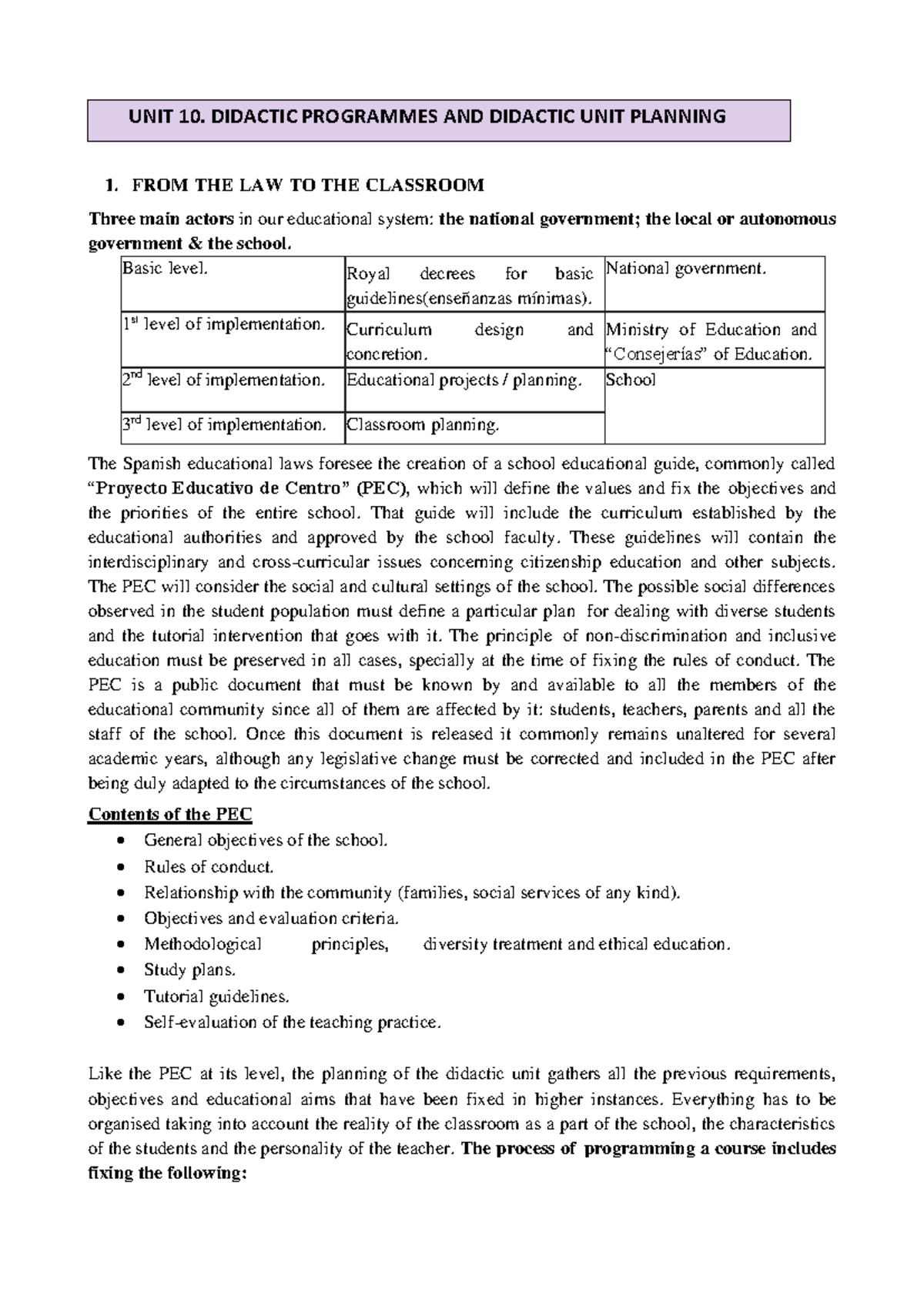 10. Didactic Programmes AND Didactic UNIT Planning - 1. FROM THE LAW TO ...