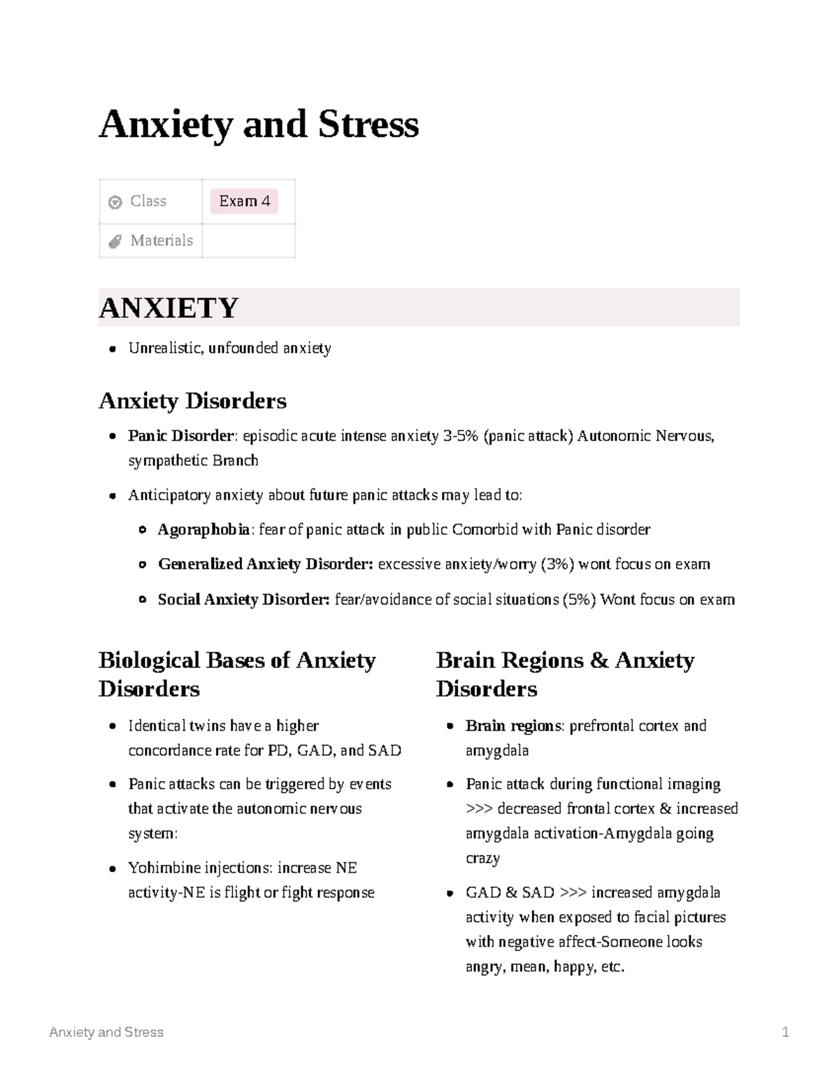 Anxiety and stress - Anxiety and Stress Class Exam 4 Materials ANXIETY ...
