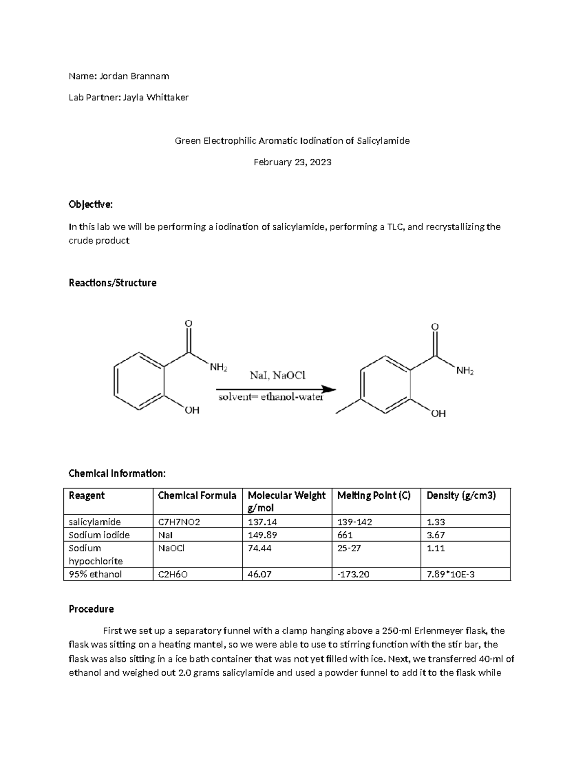 Lab Report 1 Organic Lab - Name: Jordan Brannam Lab Partner: Jayla ...
