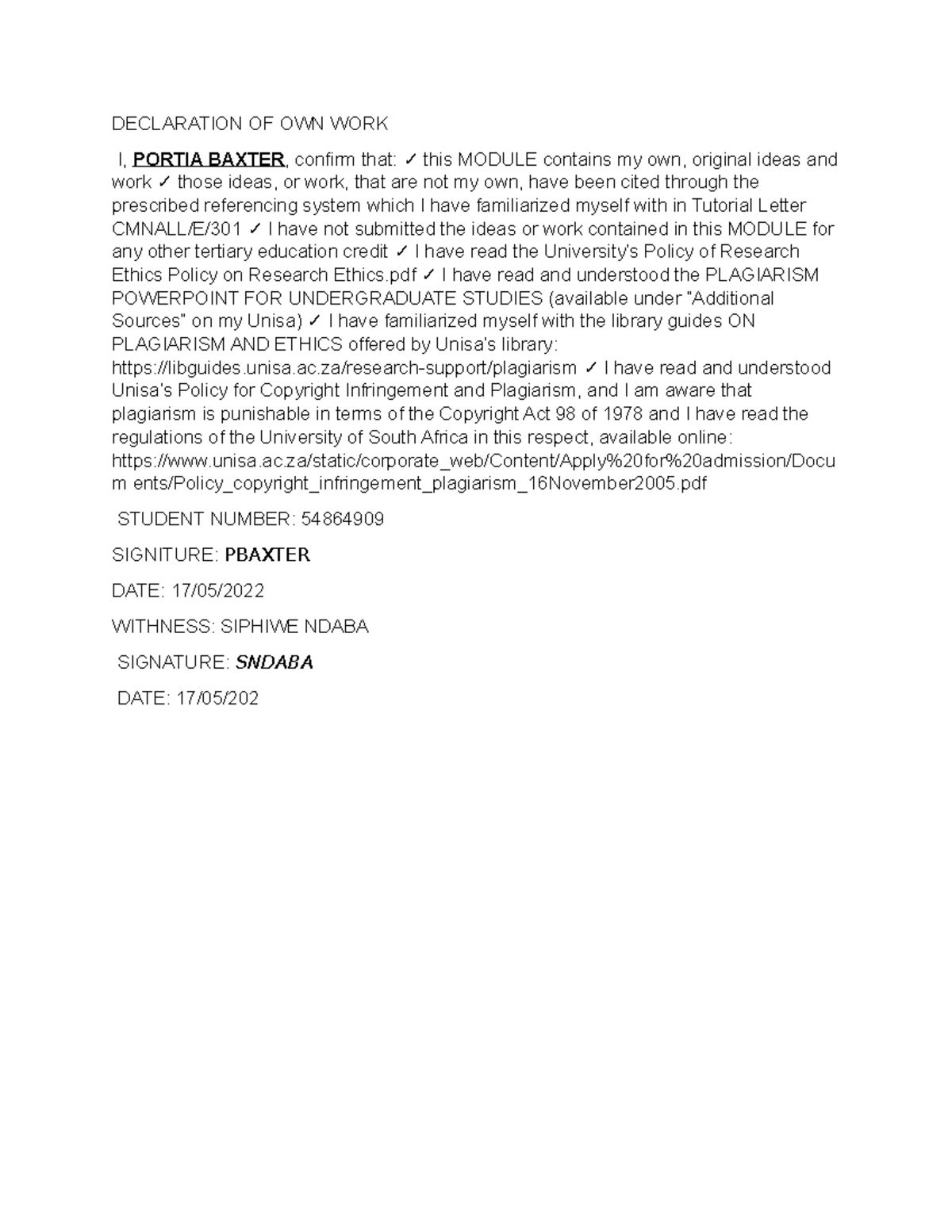 3706 portfolio - DECLARATION OF OWN WORK I, PORTIA BAXTER, confirm that: this MODULE contains my ...